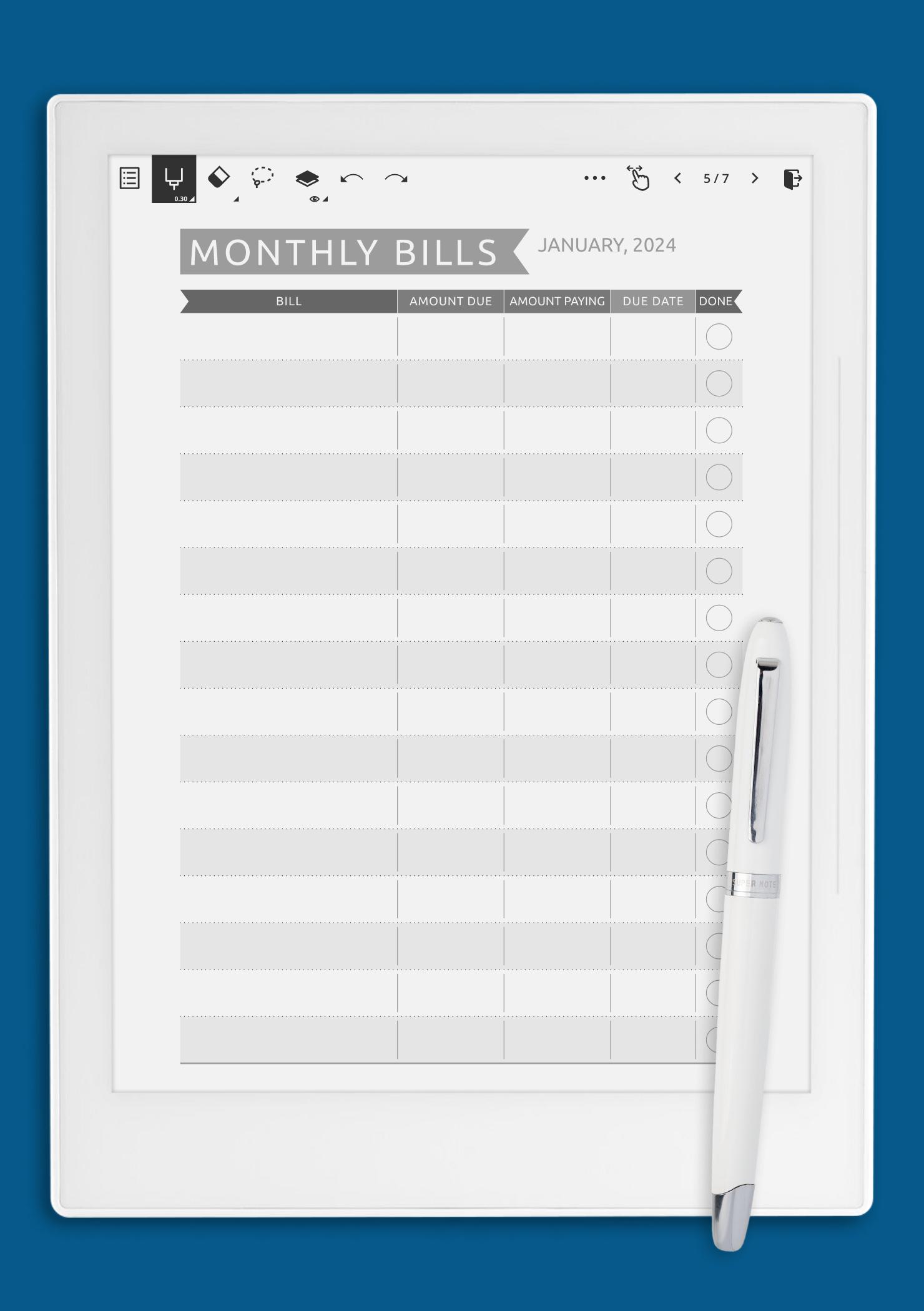 Download Printable Monthly Bills - Casual Style PDF