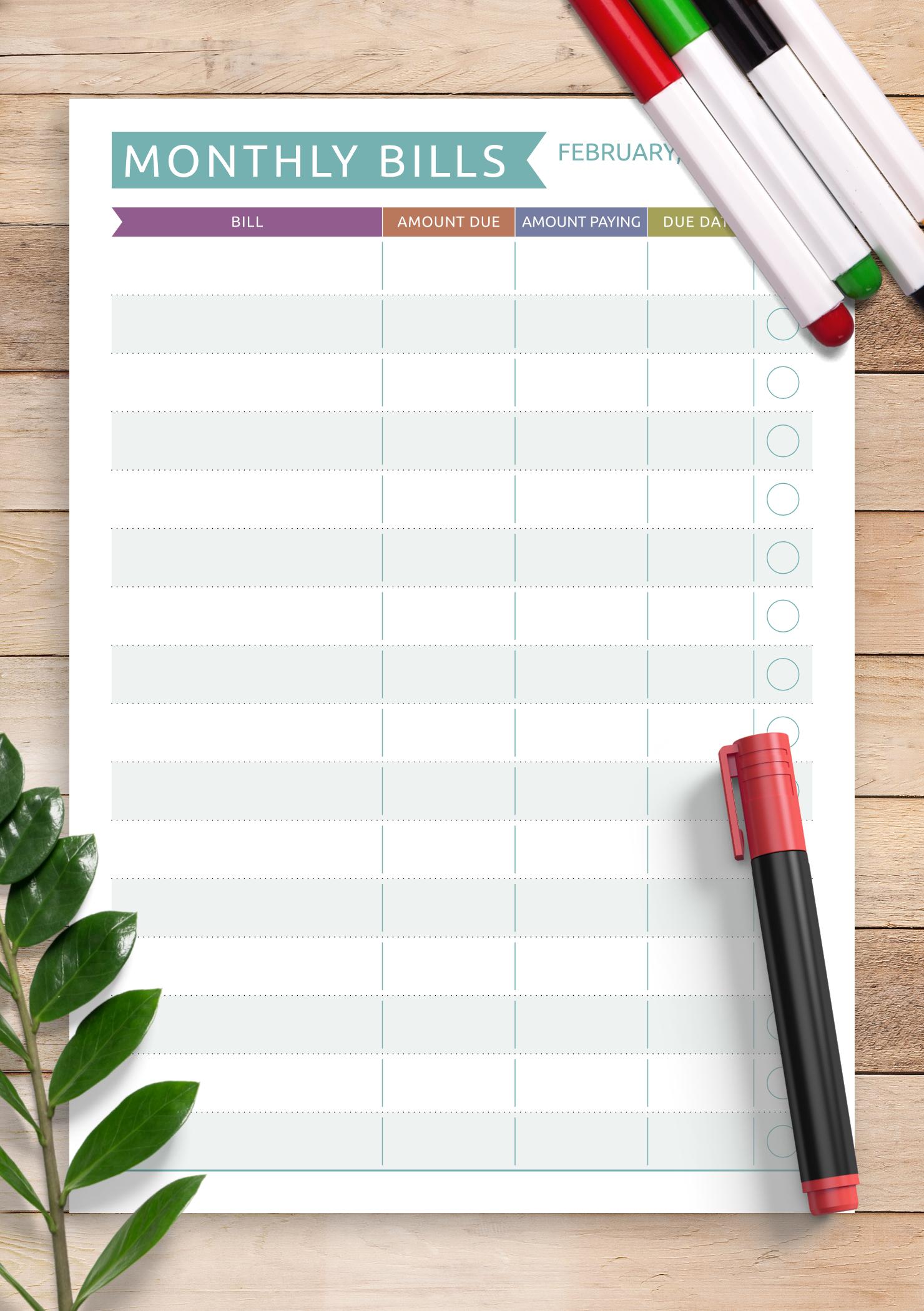 Download Printable Monthly Bills - Casual Style PDF