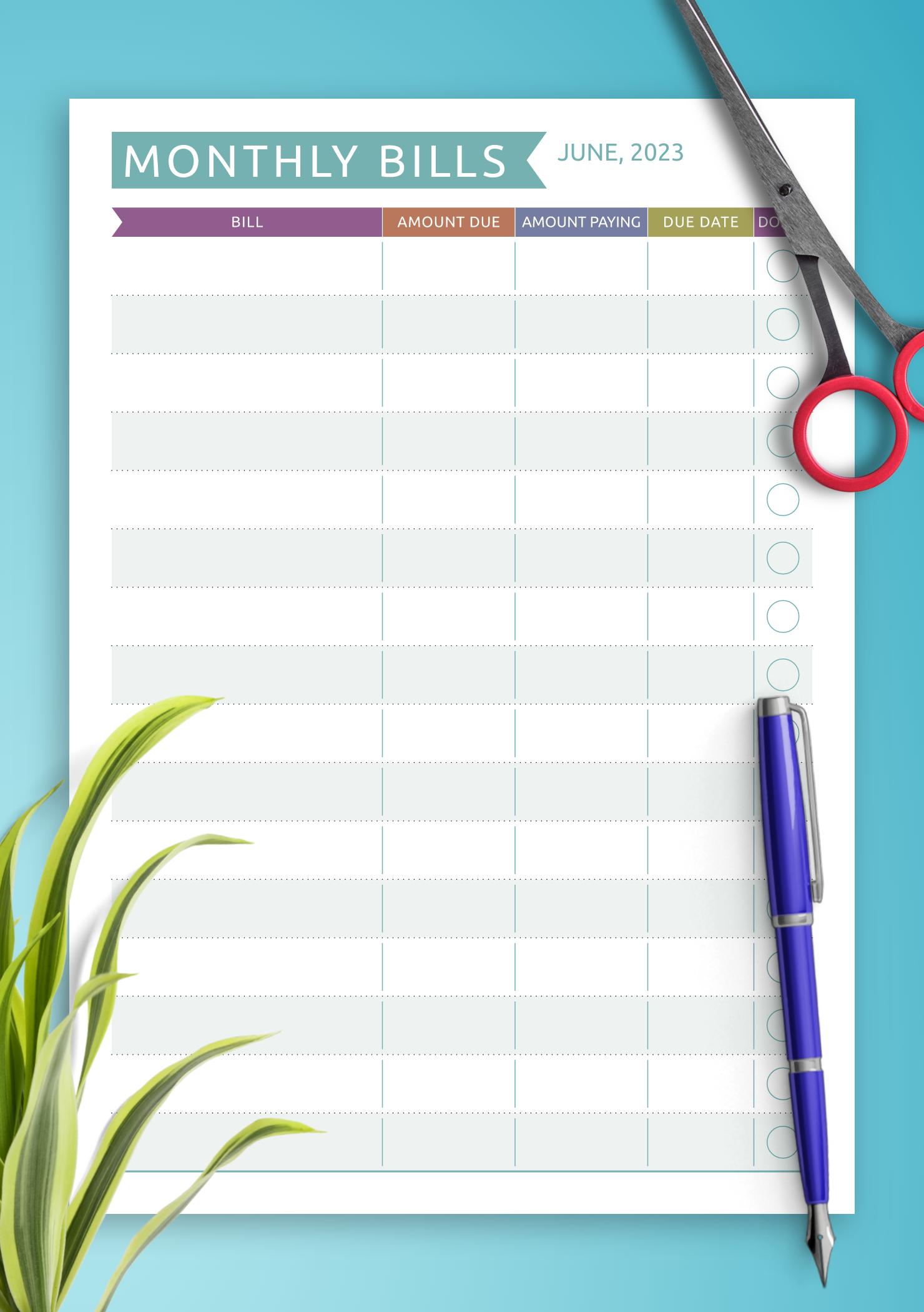 Download Printable Monthly Bills - Casual Style PDF