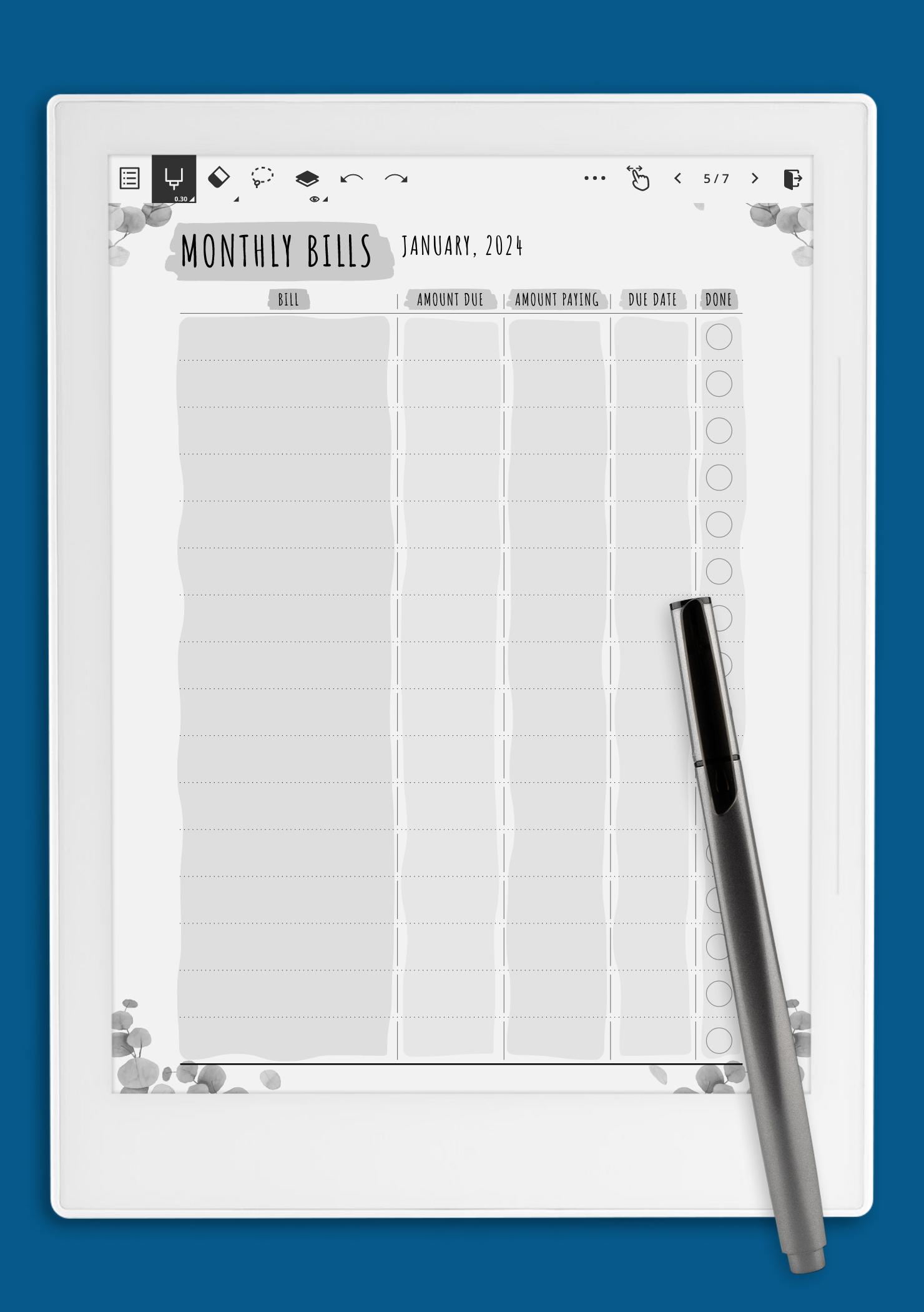 Download Printable Monthly Bills - Floral Style PDF