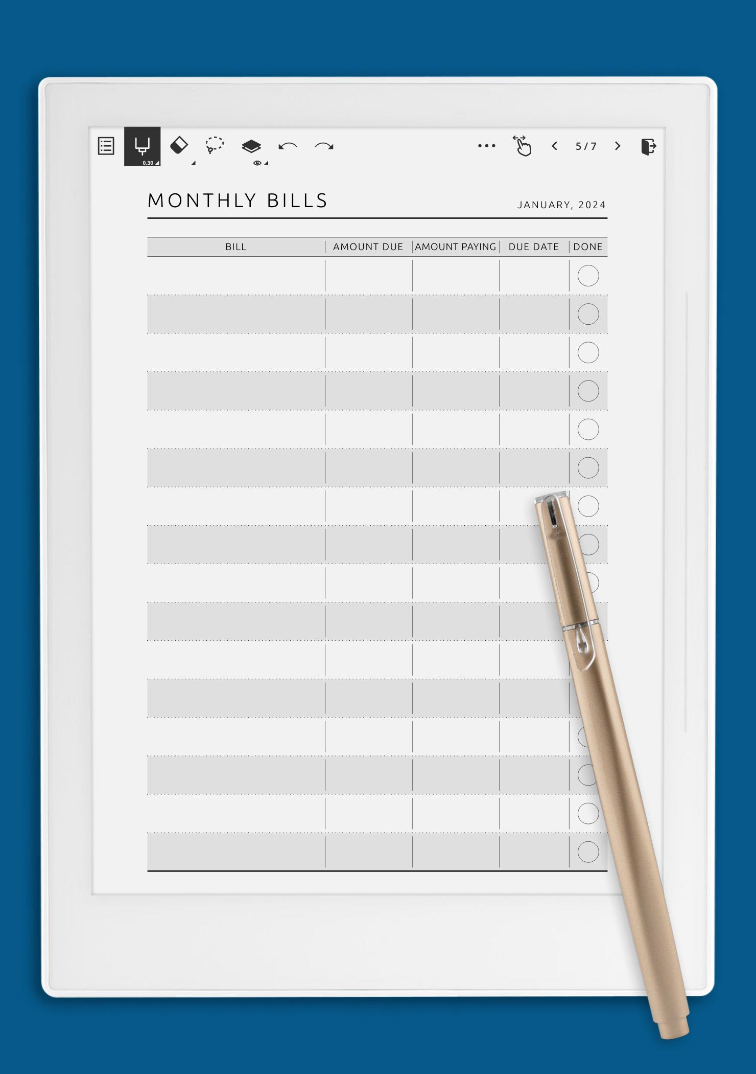 Download Printable Monthly Bills - Original Style PDF