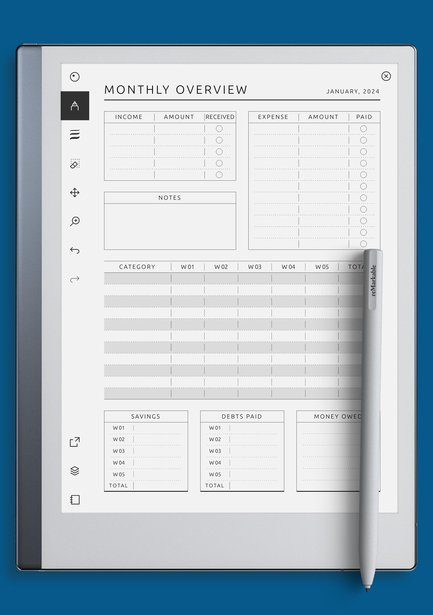 Download Printable Monthly Budget Overview Template PDF