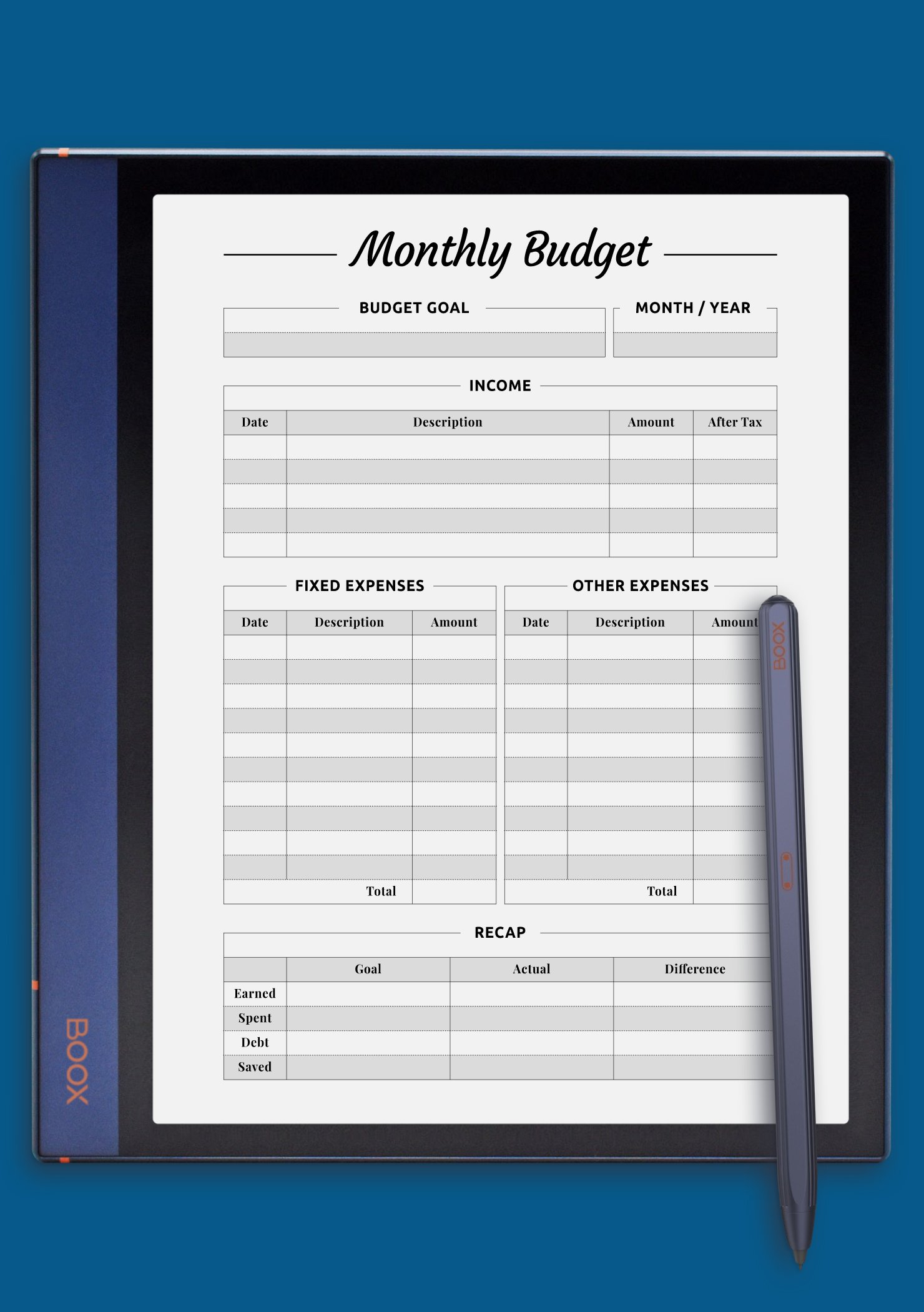 Download Printable Monthly budget with Recap section PDF