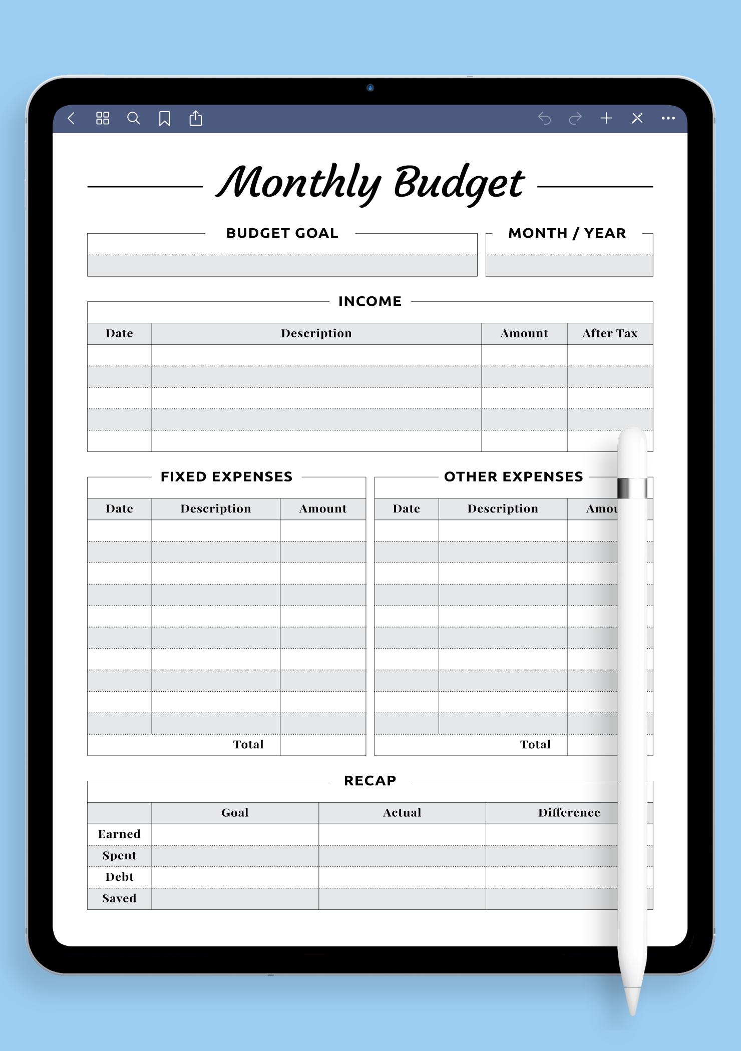 Download Printable Monthly budget with Recap section PDF