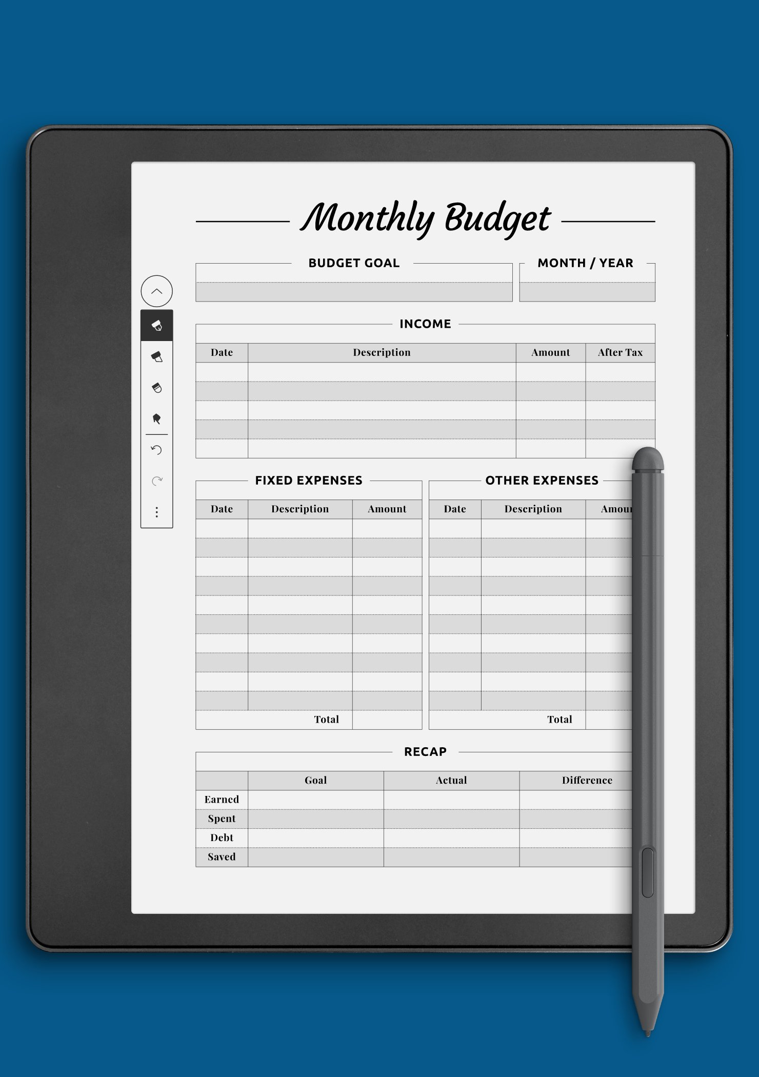 Download Printable Monthly budget with Recap section PDF