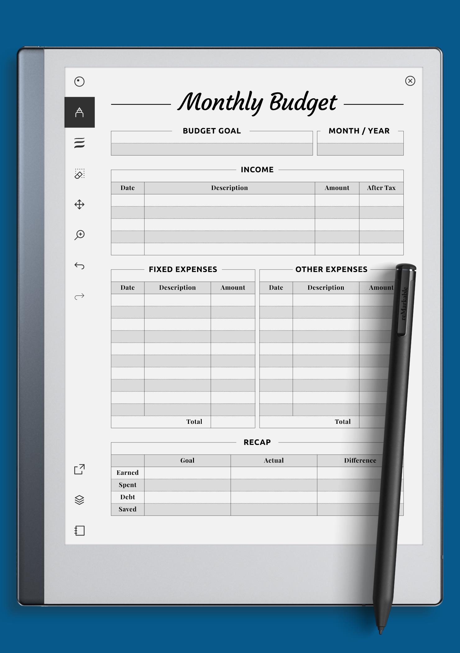 Download Printable Monthly budget with Recap section PDF