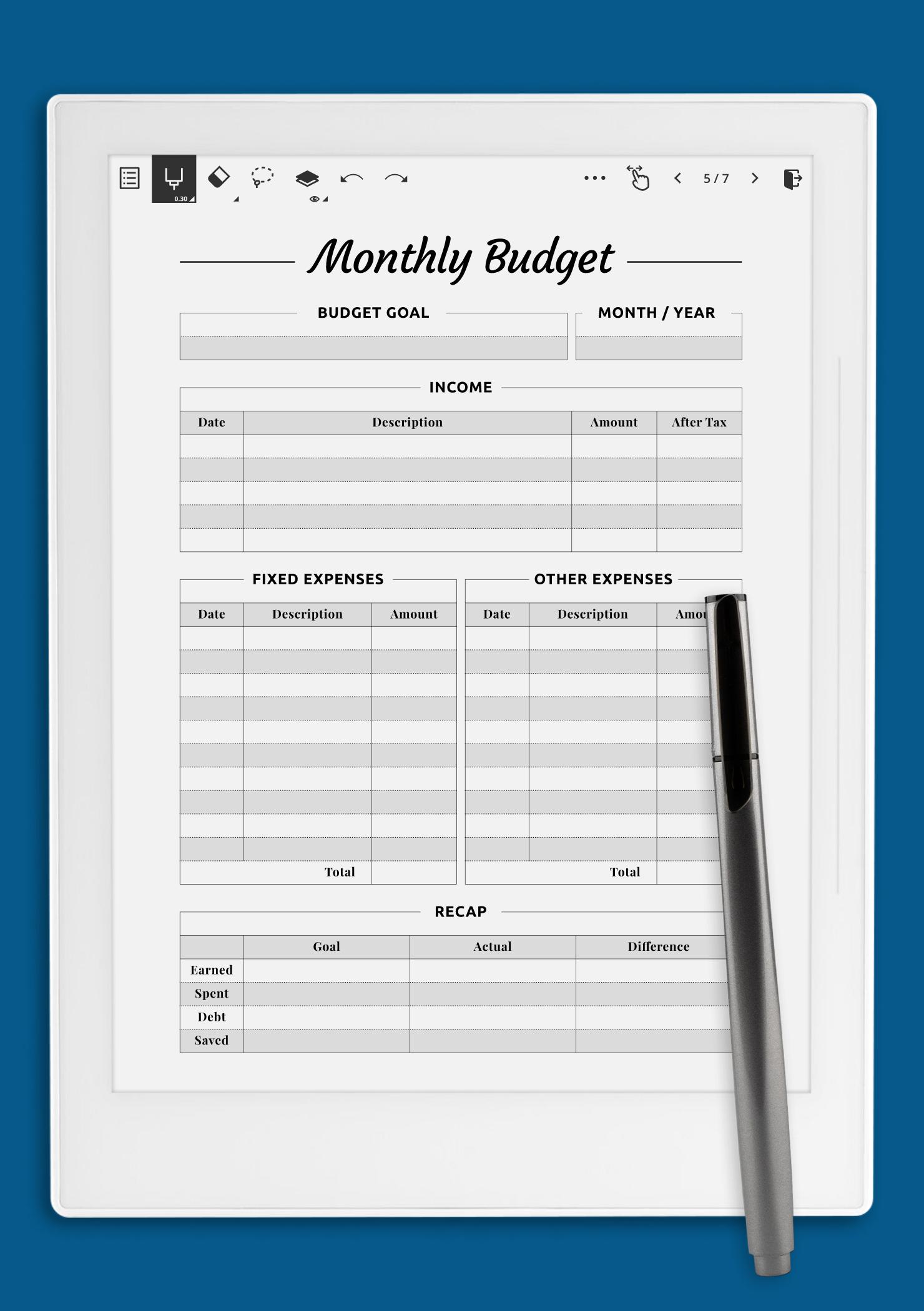 Download Printable Monthly budget with Recap section PDF
