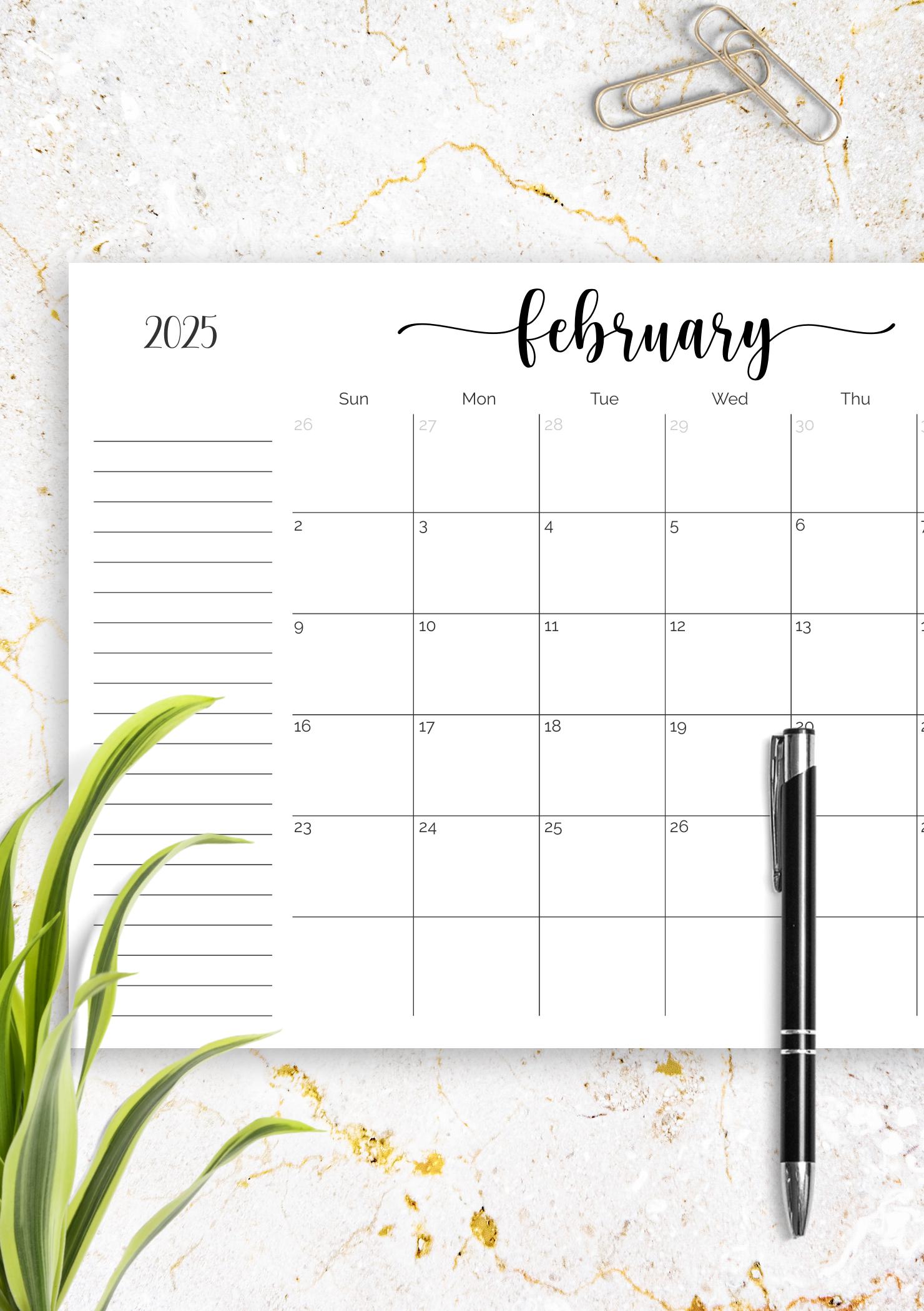 Download Printable Monthly Calendar with Notes Section PDF