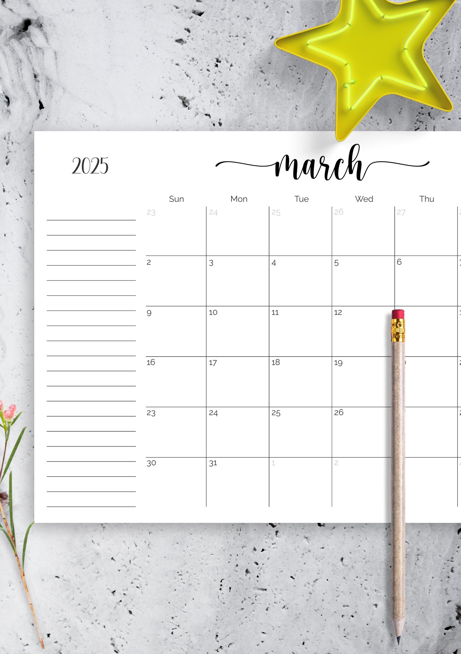 Download Printable Monthly Calendar with Notes Section PDF