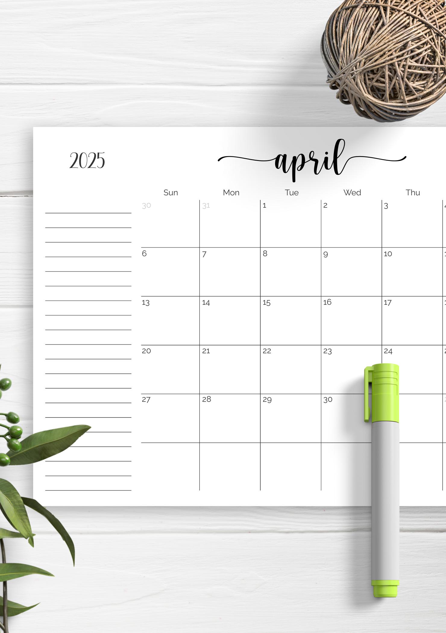 Download Printable Monthly Calendar with Notes Section PDF