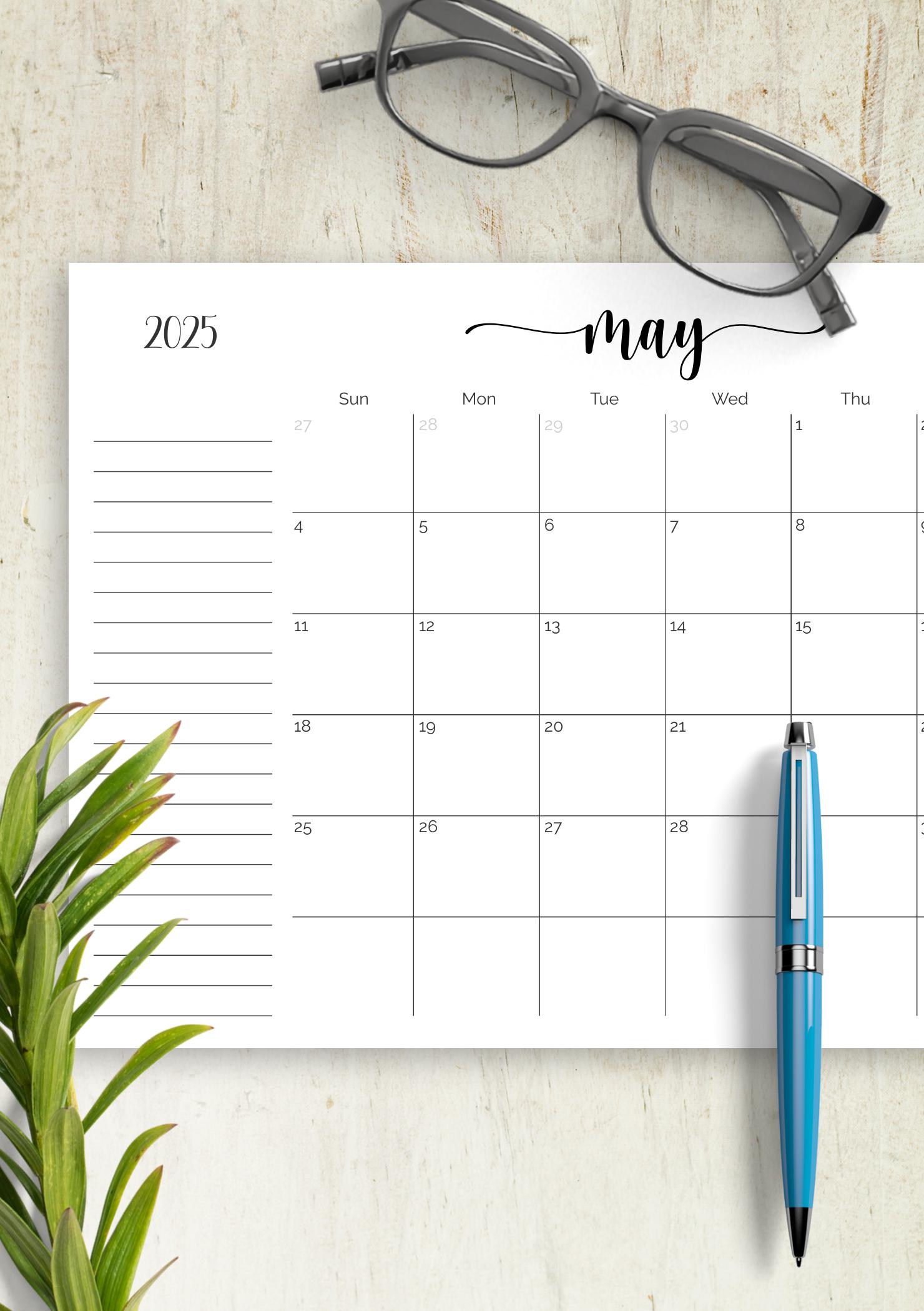 Download Printable Monthly Calendar with Notes Section PDF