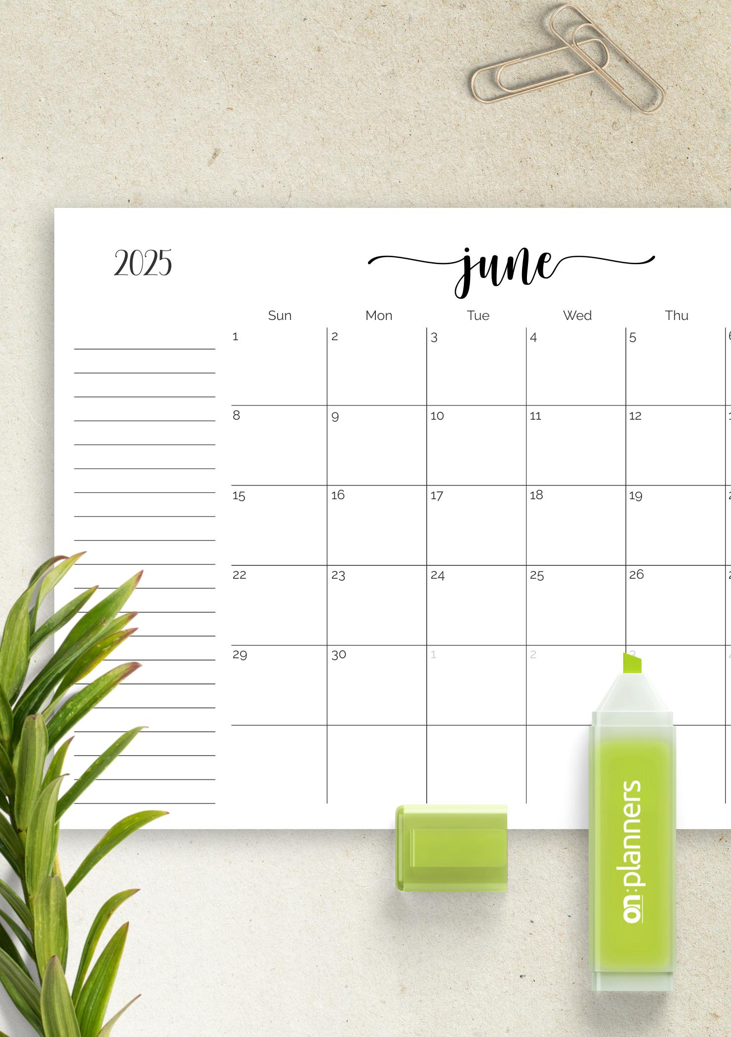 Download Printable Monthly Calendar with Notes Section PDF
