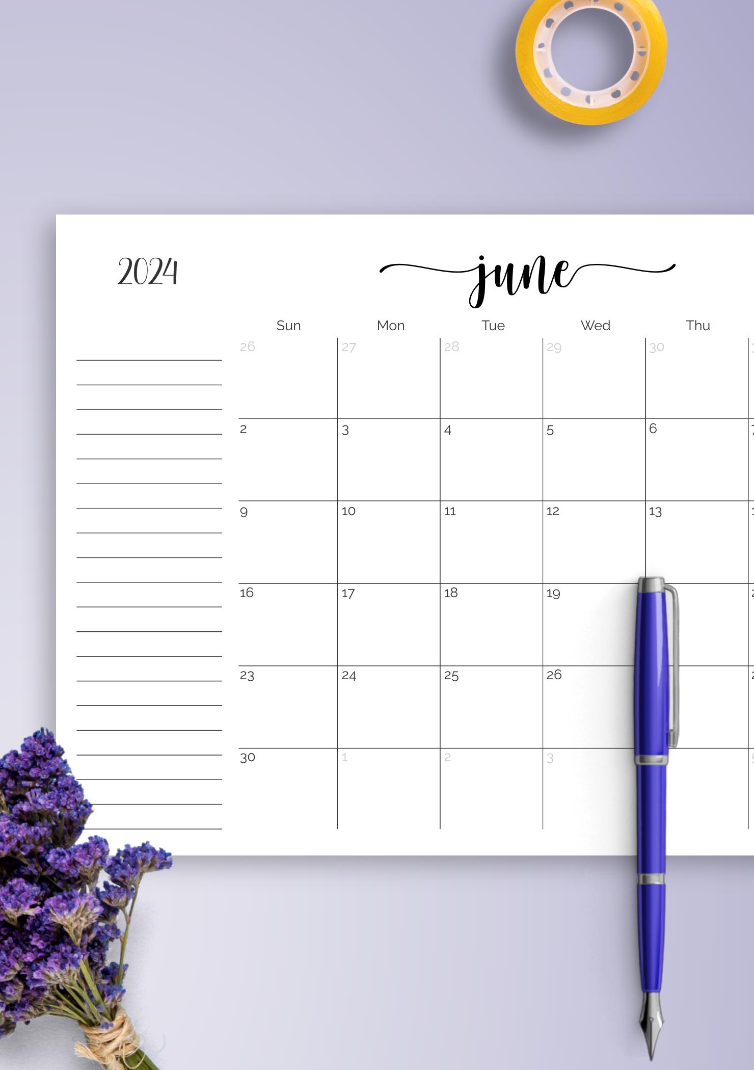 Download Printable Monthly Calendar with Notes Section PDF