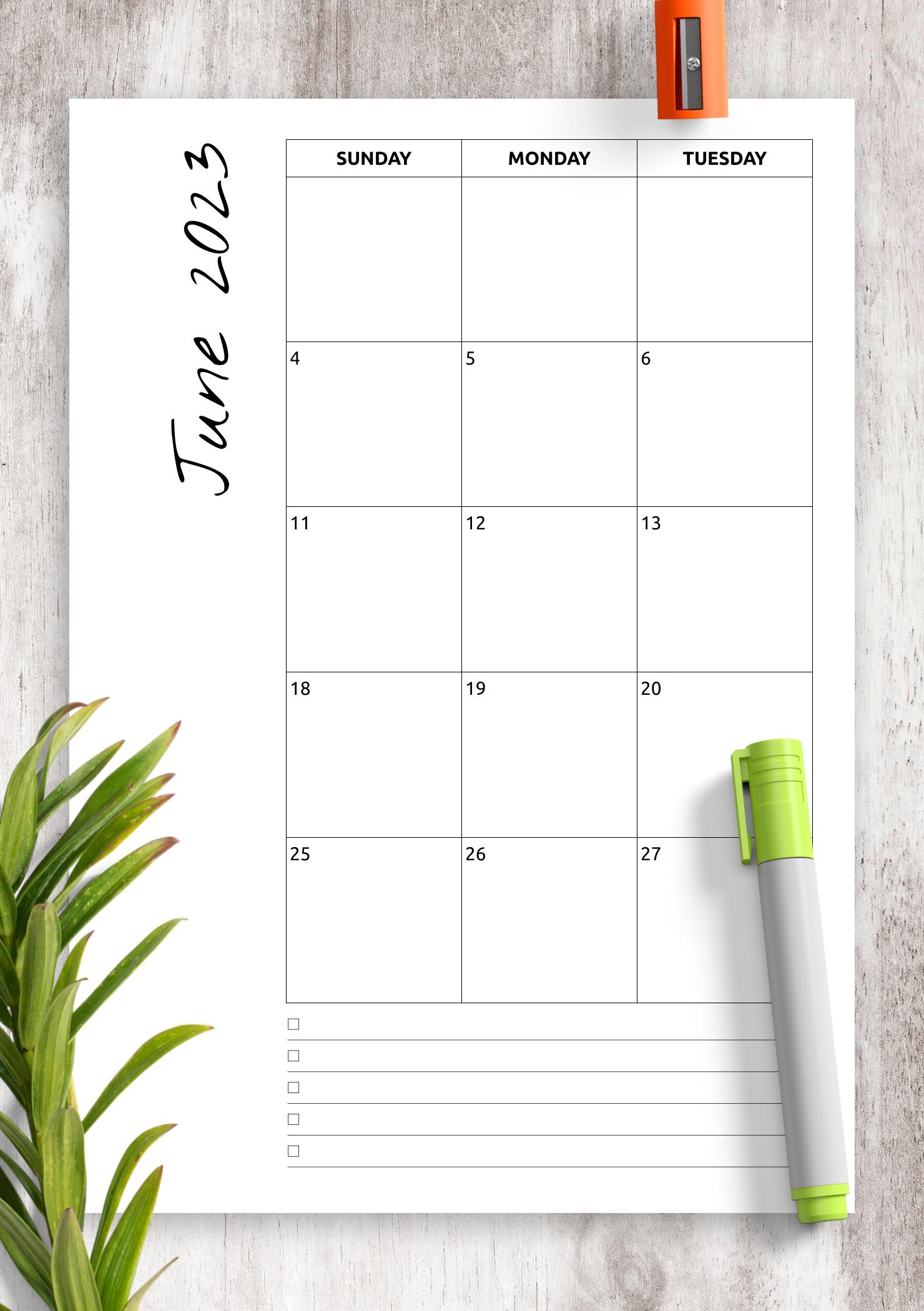 Download Printable Monthly calendar with notes PDF