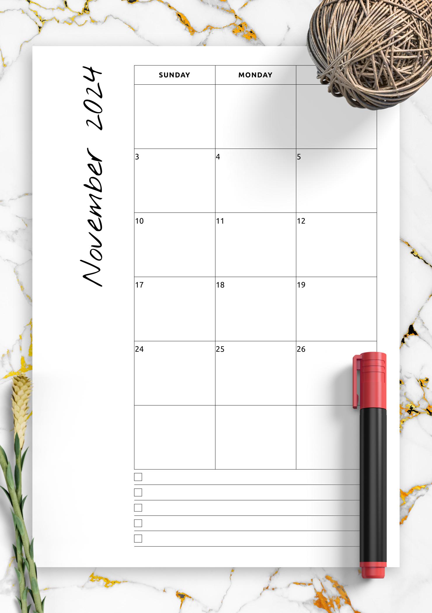 Download Printable Monthly calendar with notes PDF