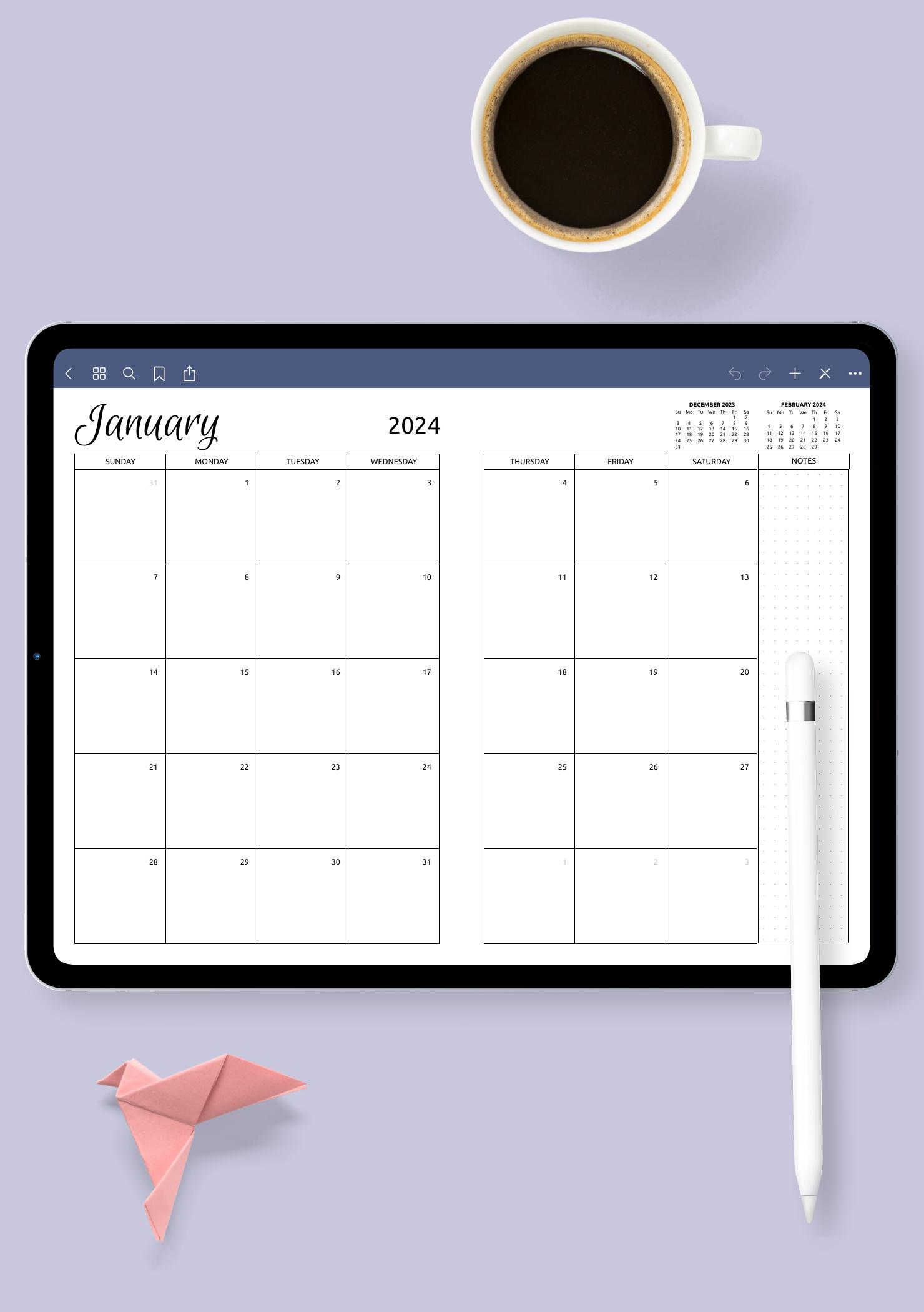 Download Printable or Digital Monthly Calendar Template PDF