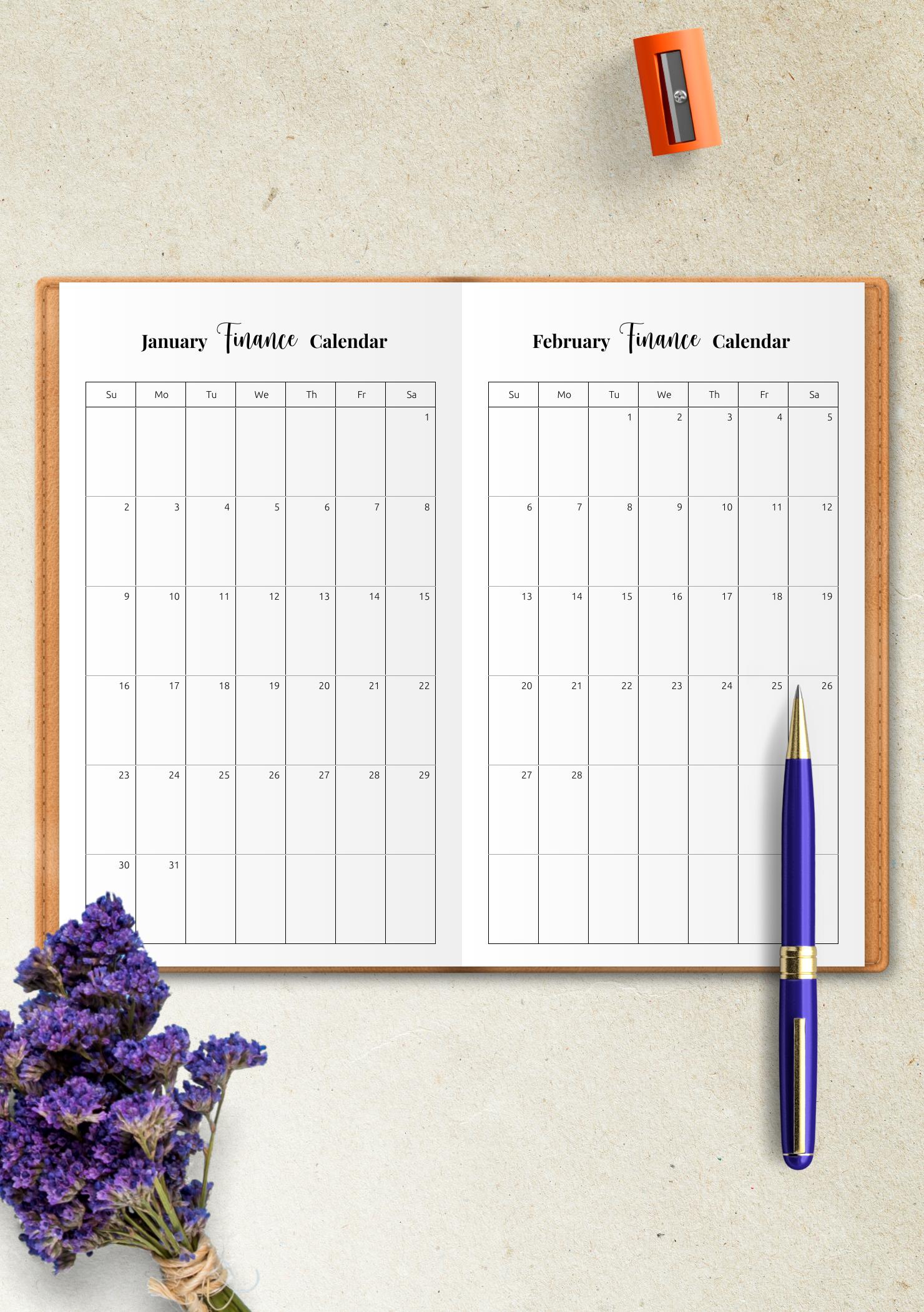 Download Printable Monthly Finance Calendar Template PDF