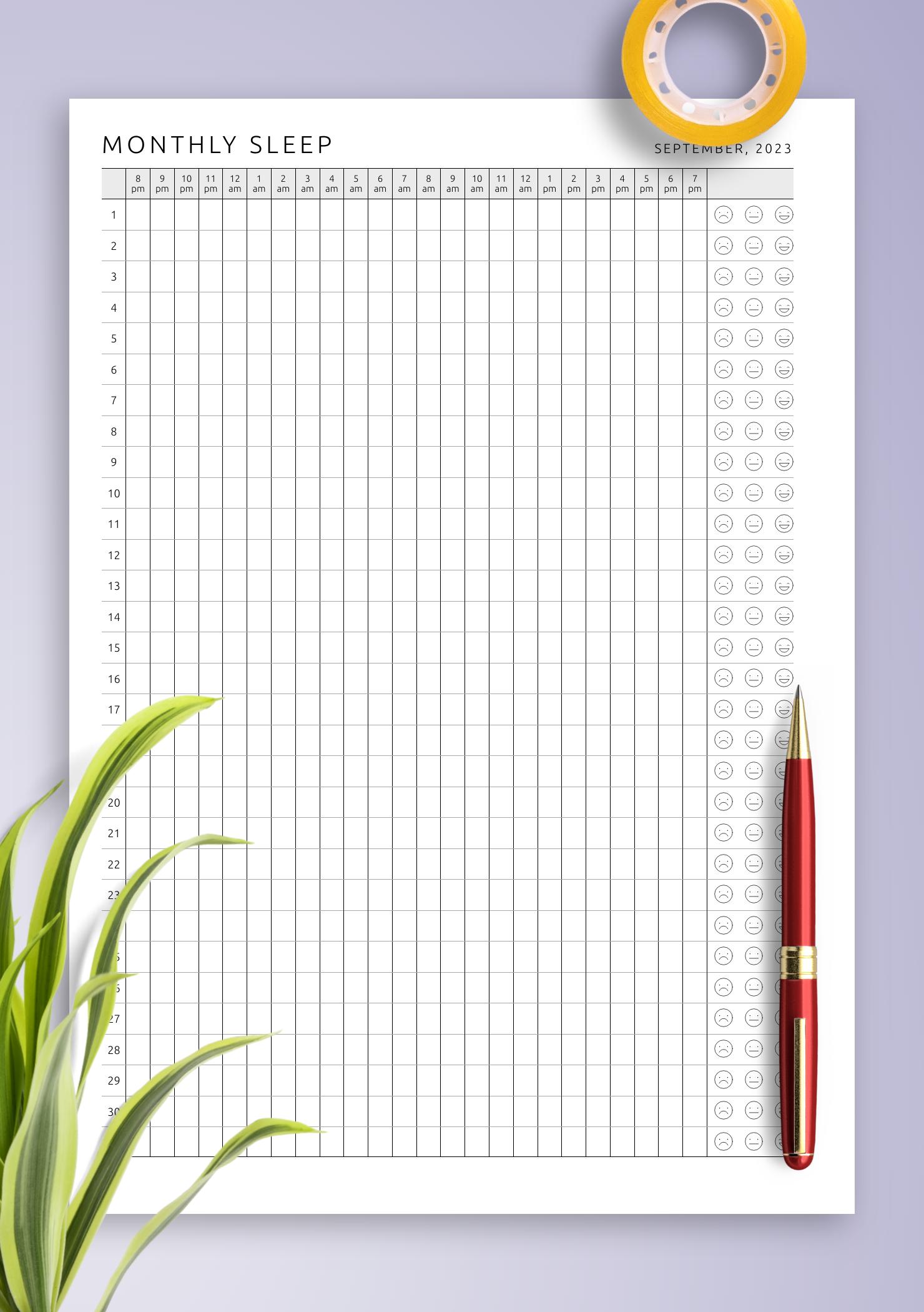 Download Printable Monthly Sleep Tracker Template PDF