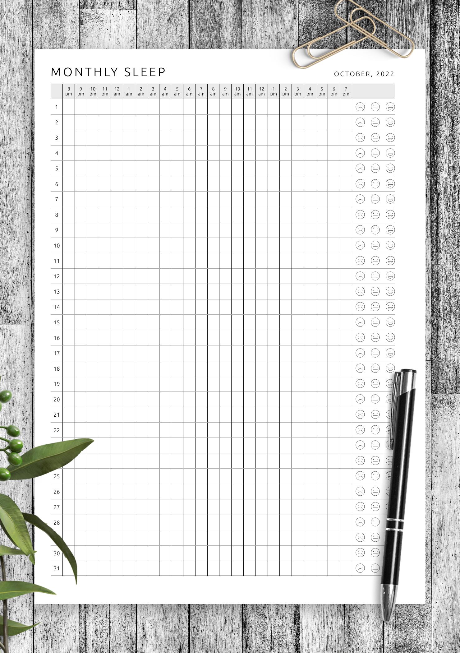 Download Printable Monthly Sleep Tracker Template PDF