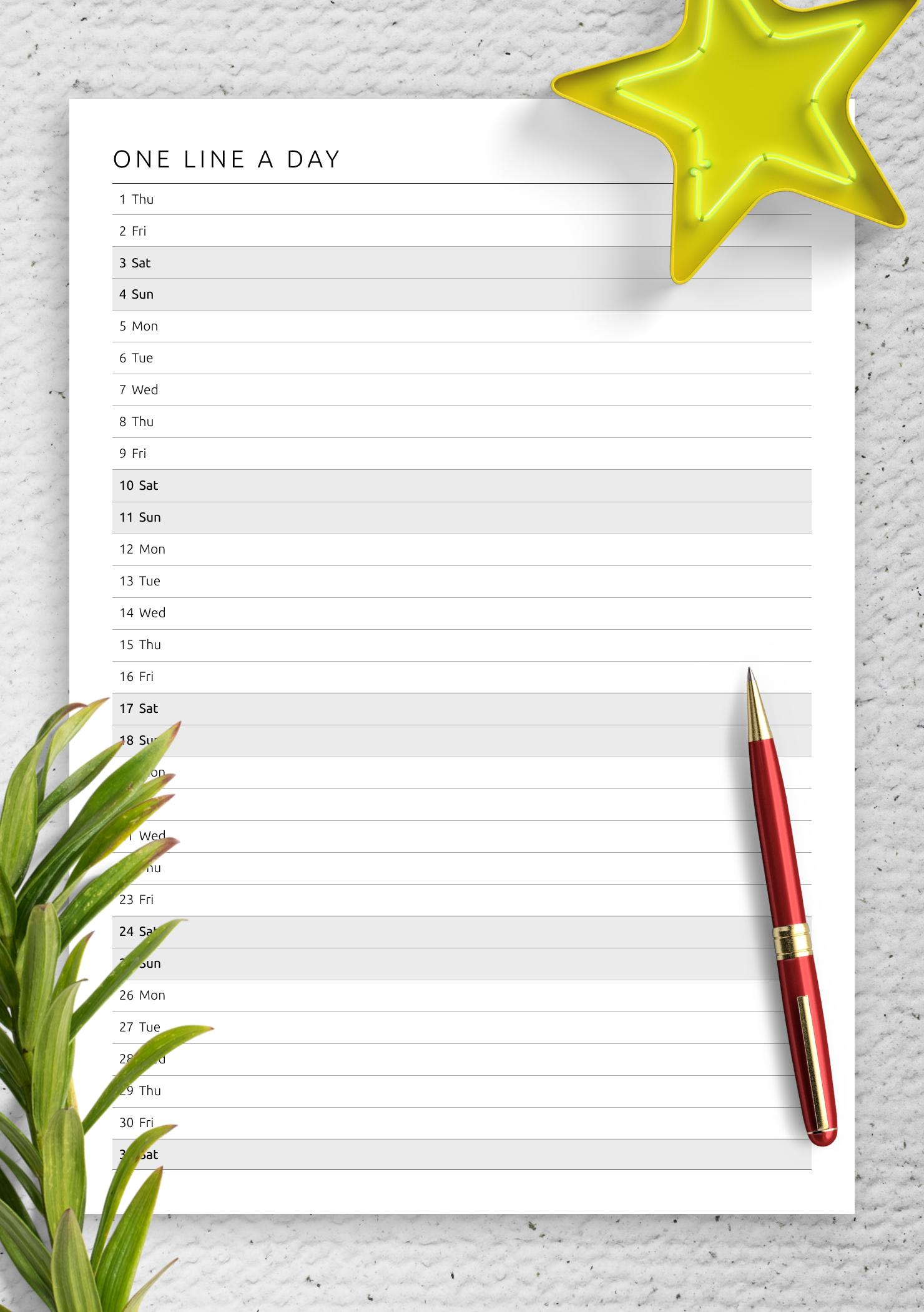 Download Printable One Line a Day Monthly Planner Template PDF