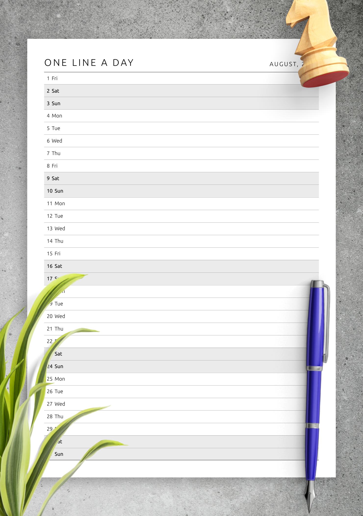 Download Printable One Line a Day Monthly Planner Template PDF