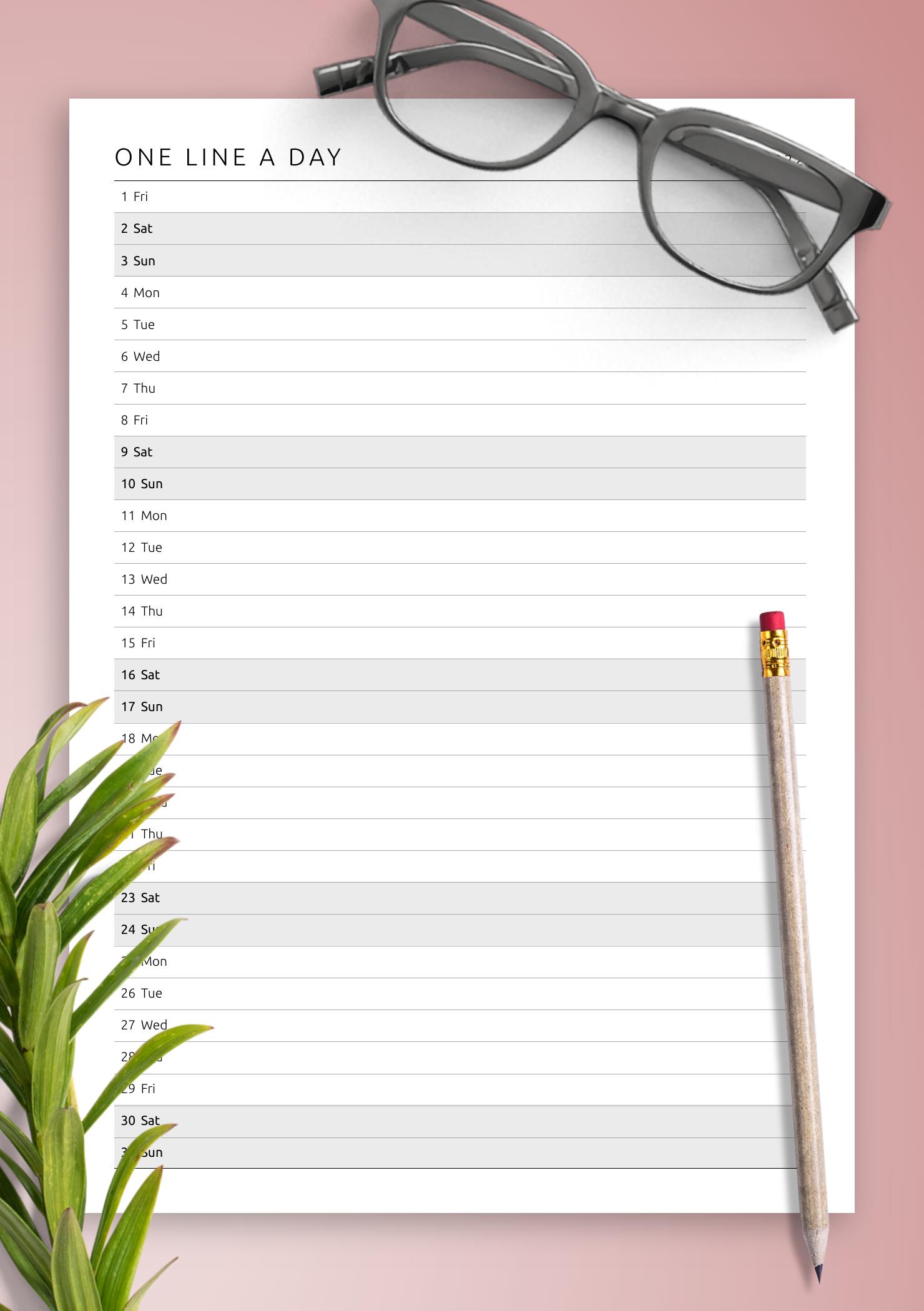 Download Printable One Line a Day Monthly Planner Template PDF