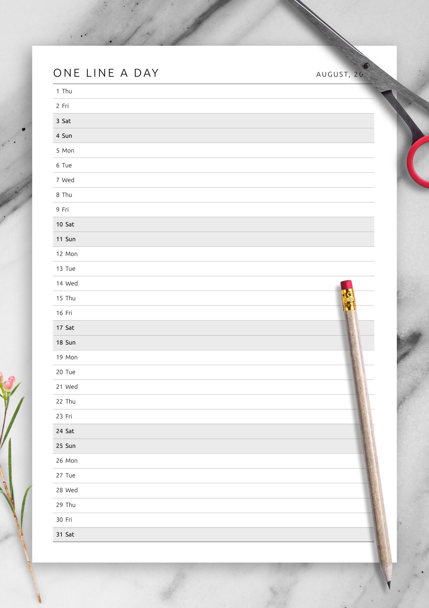 Download Printable One Line a Day Monthly Planner Template PDF