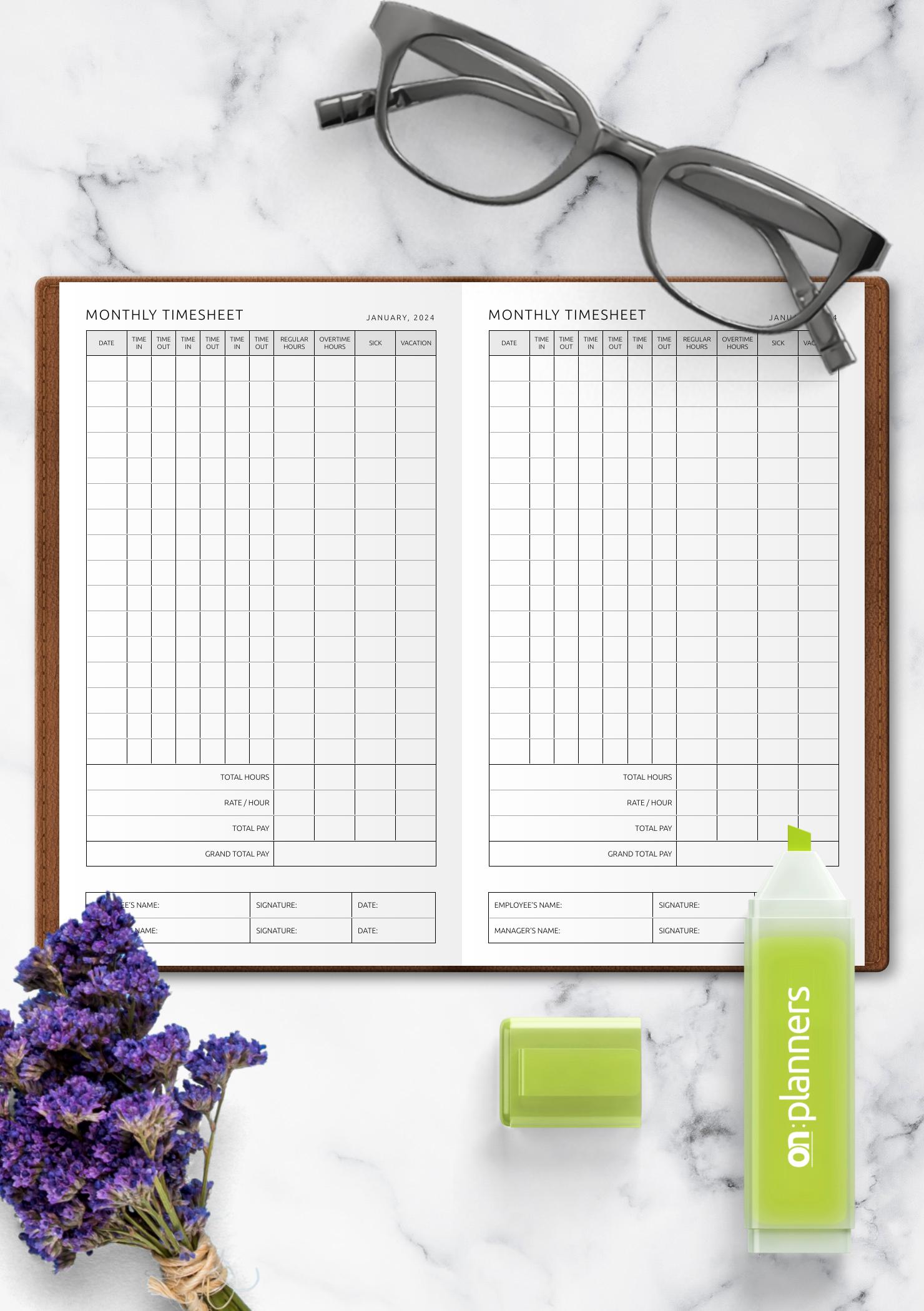 Download Printable Monthly Timesheet With Two Breaks PDF