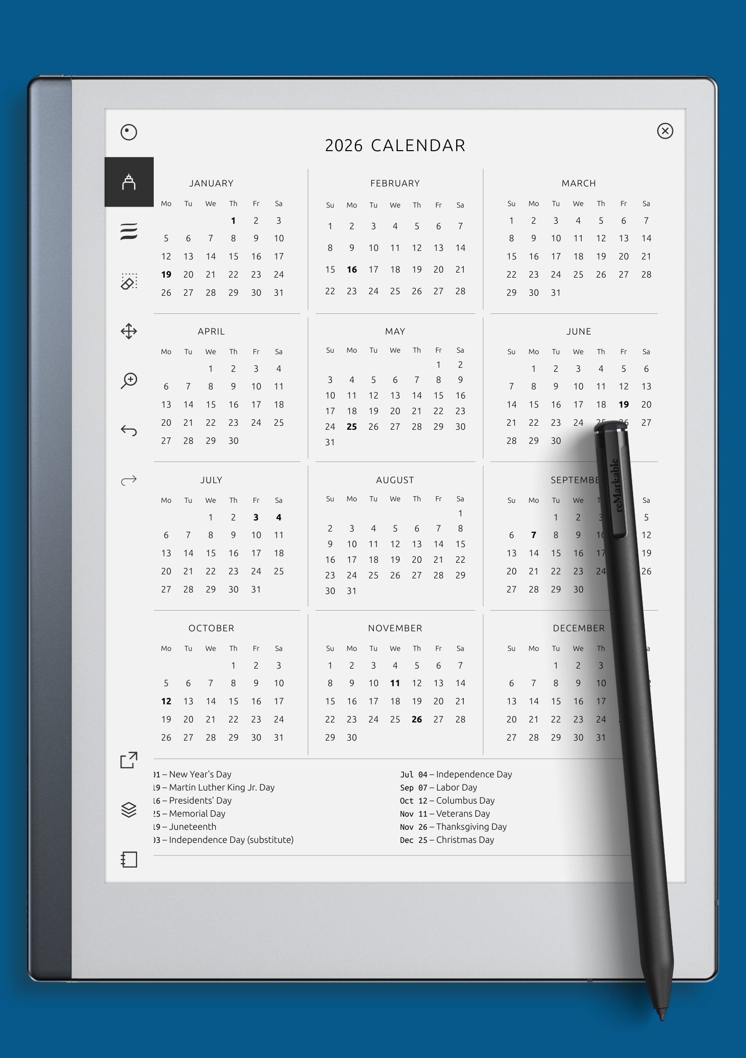 Download Printable Annual Calendar Template with Holidays PDF