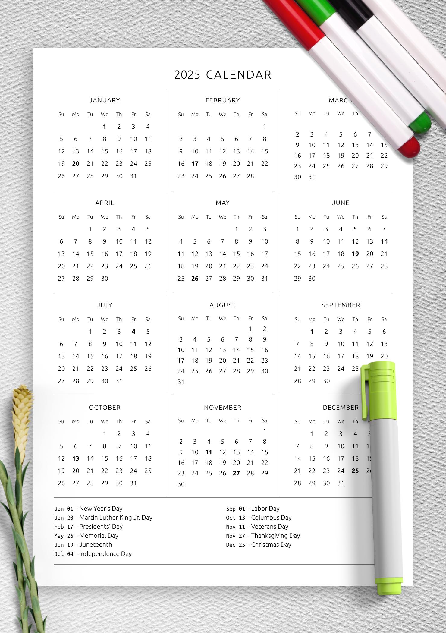Download Printable Annual Calendar Template with Holidays PDF