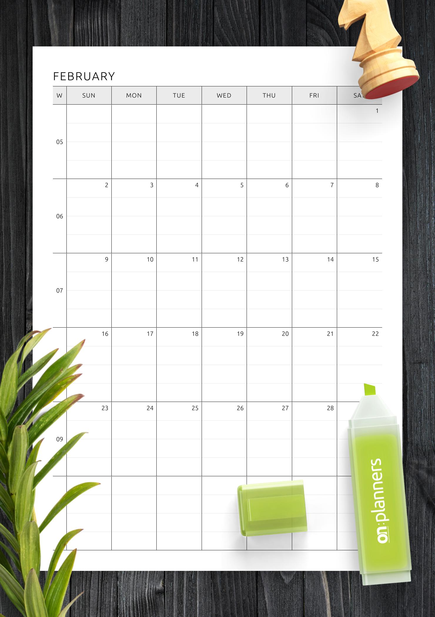 Download Printable One Page Lined Monthly Calendar PDF