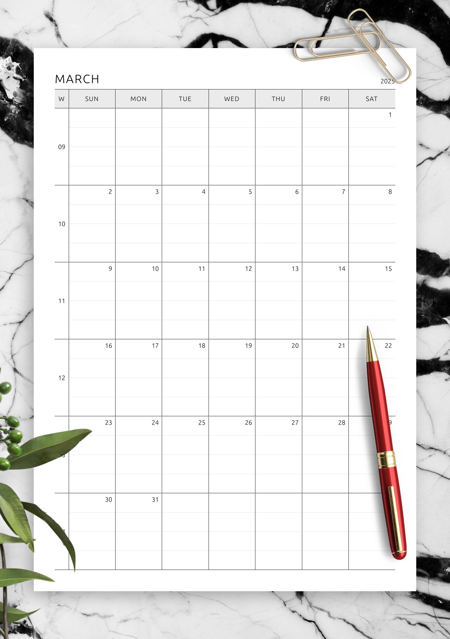 Download Printable One Page Lined Monthly Calendar PDF