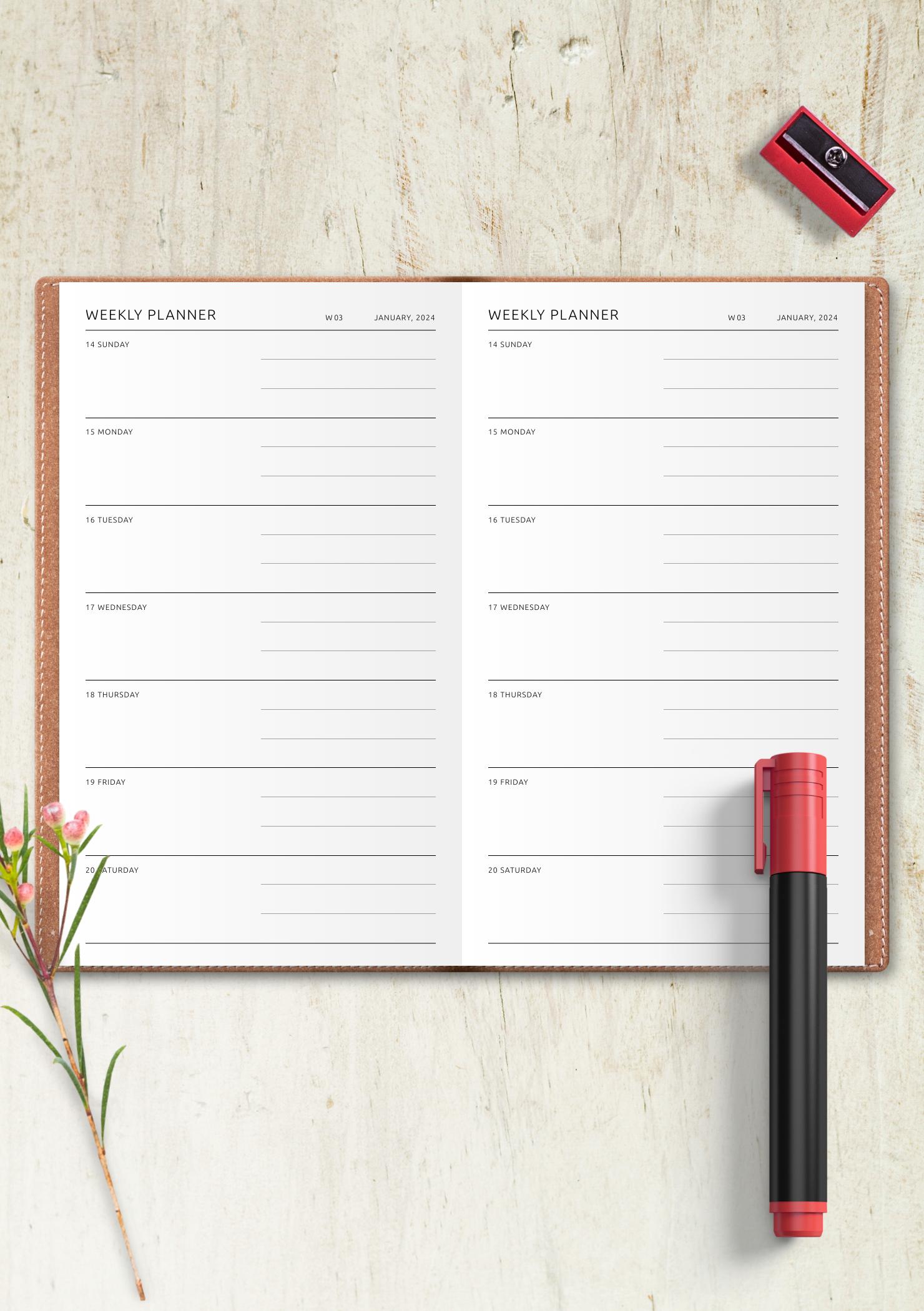 Download Printable One-Page Weekly All Days Equal Size PDF