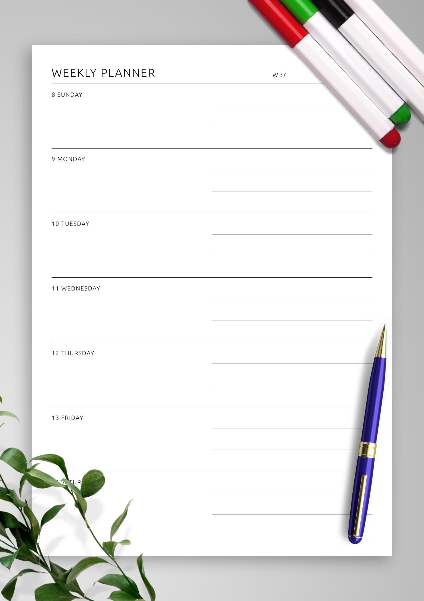 Download Printable One-Page Weekly All Days Equal Size PDF