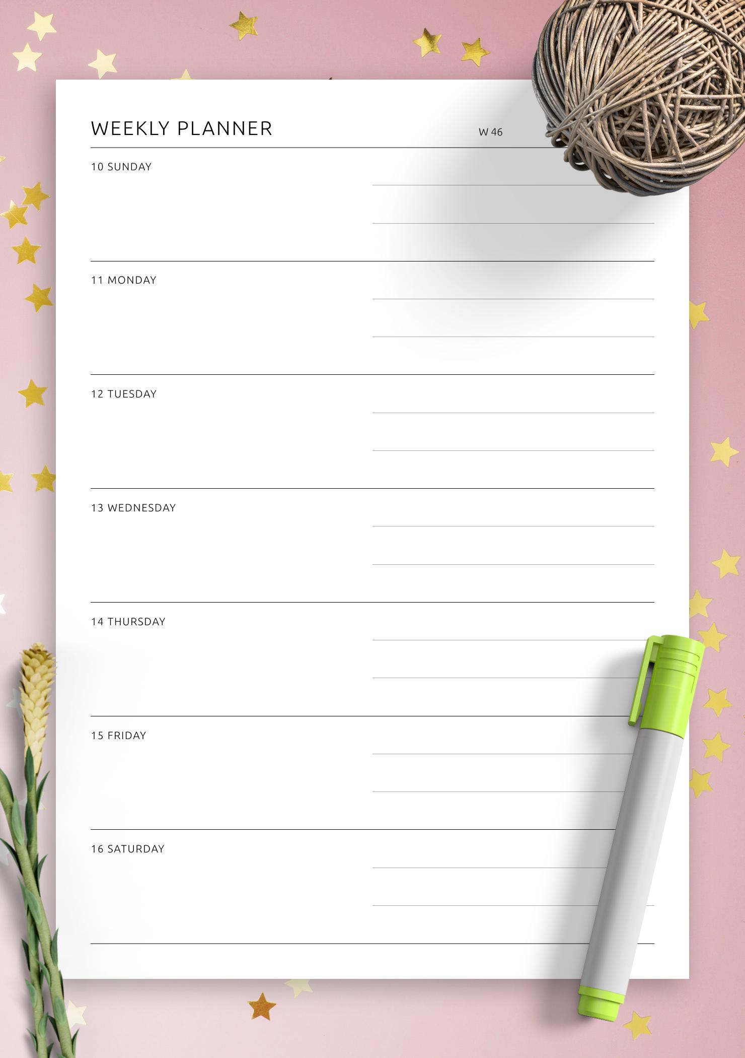 Download Printable One-Page Weekly All Days Equal Size PDF