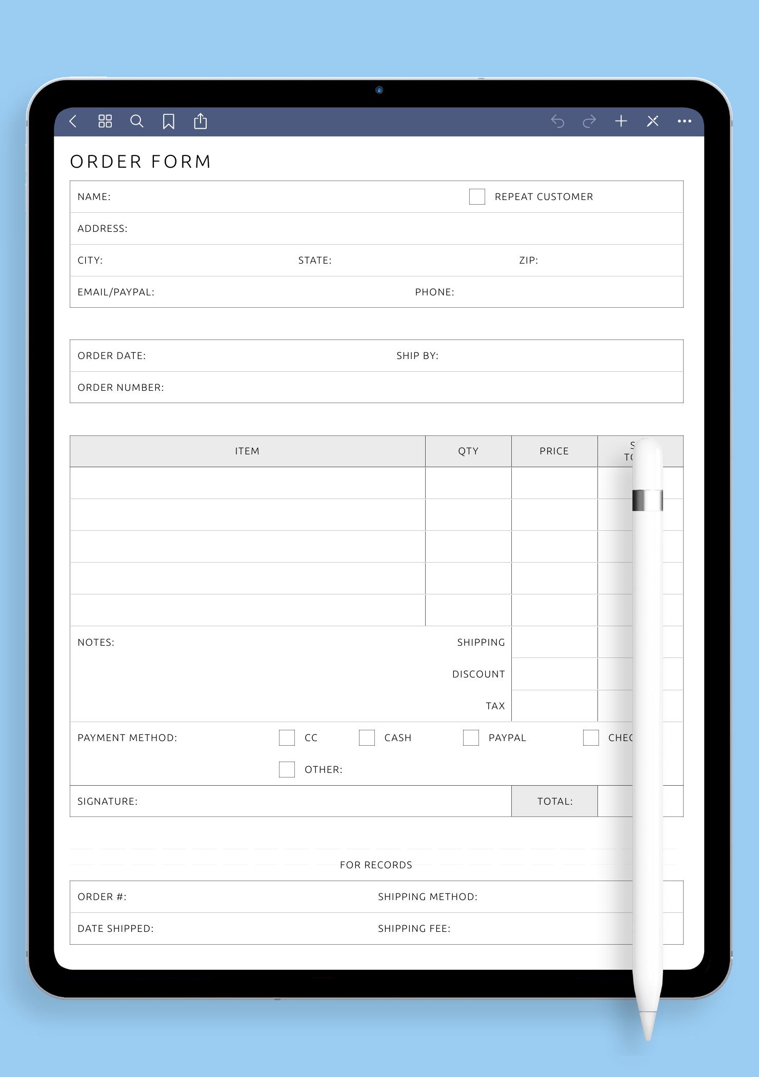 Download Printable Order Form Template PDF