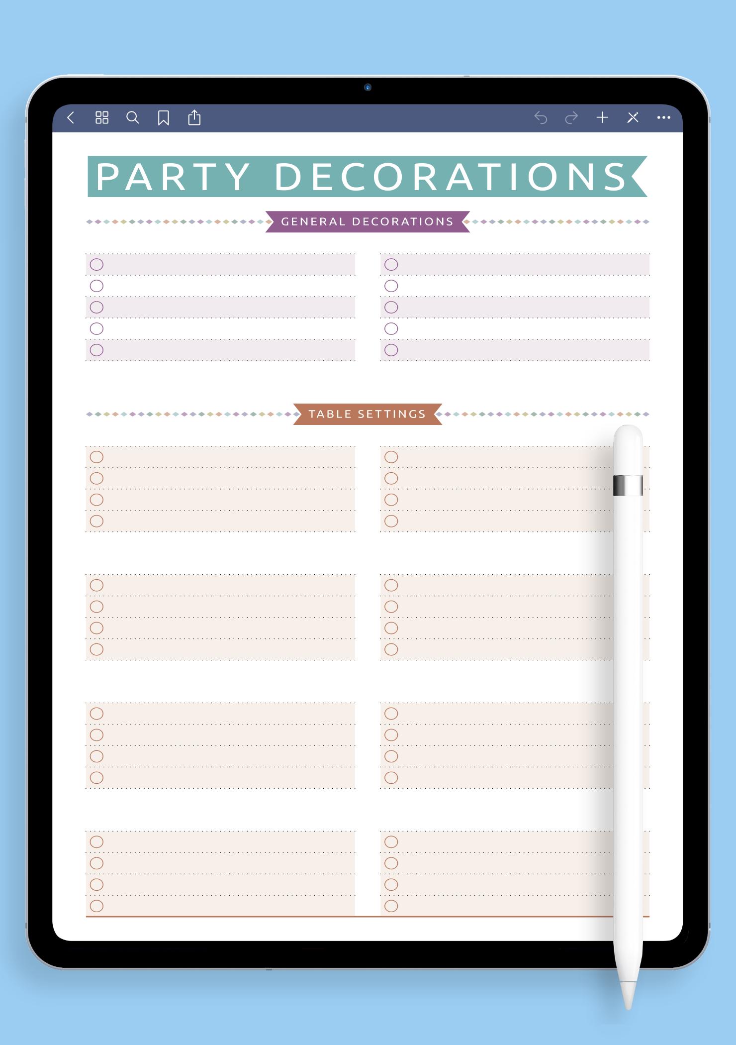 Download Printable Party Decorations List - Casual Style PDF