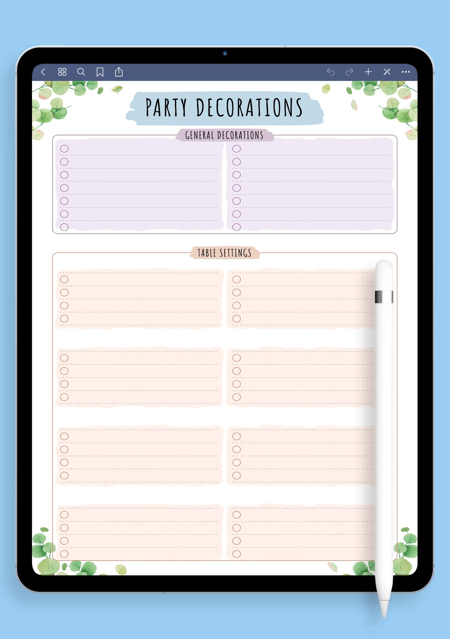 Download Printable Party Decorations List - Floral Style PDF