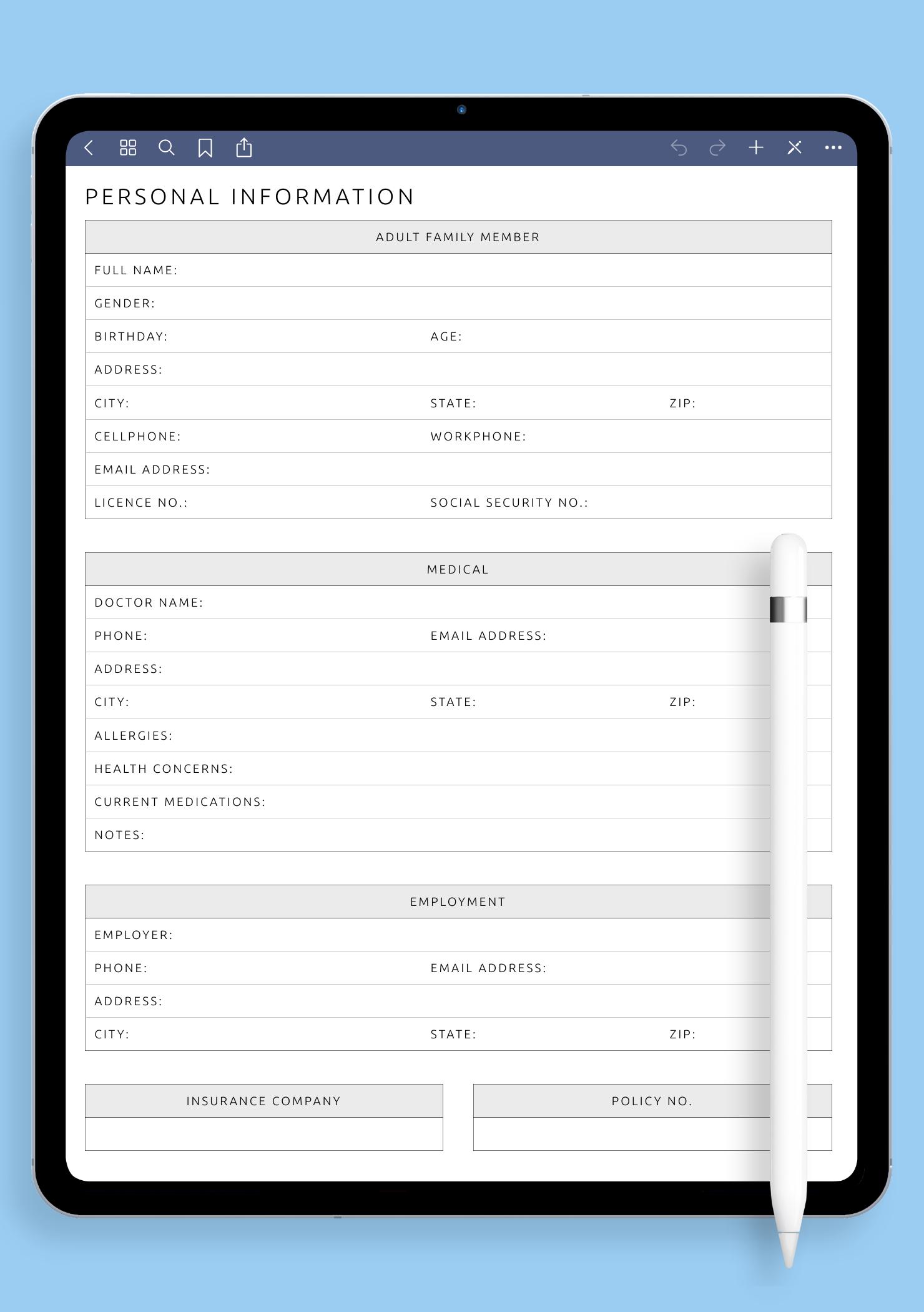 Download Printable Personal Information For Adult Template PDF
