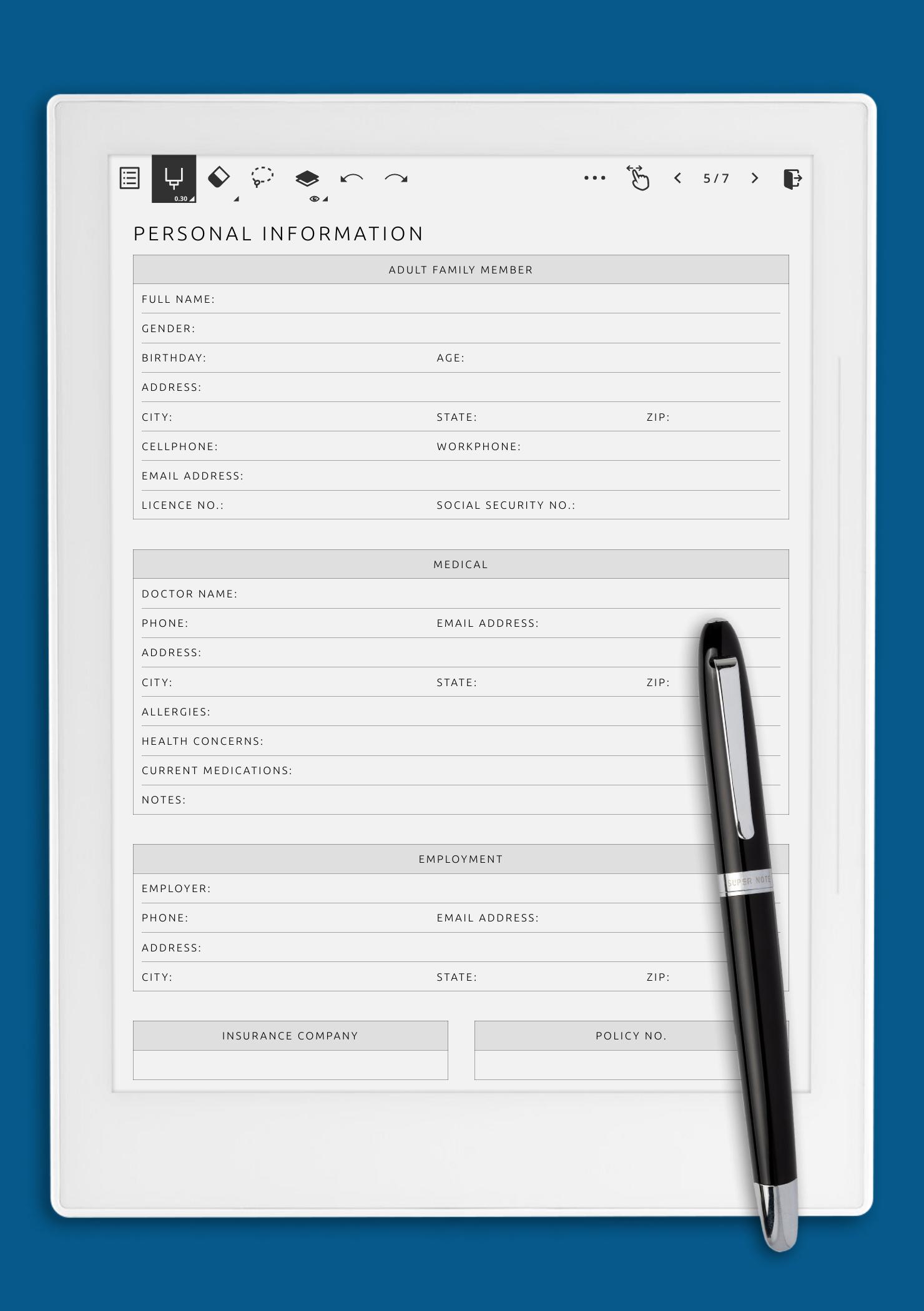Download Printable Personal Information For Adult Template PDF