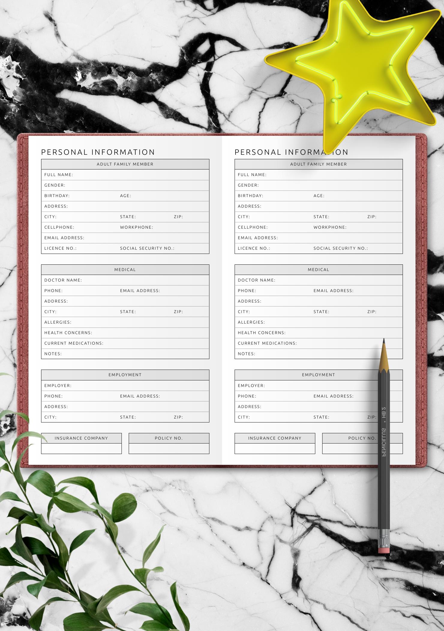 Download Printable Personal Information For Adult Template PDF