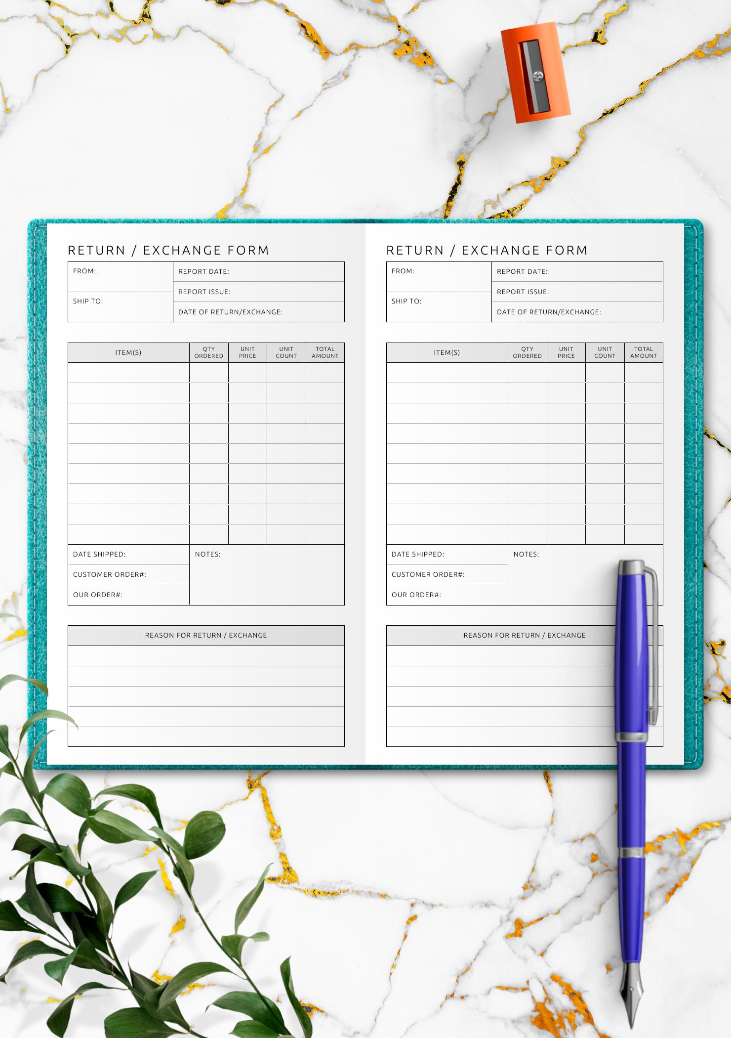 Download Printable Return / Exchange Form Template PDF