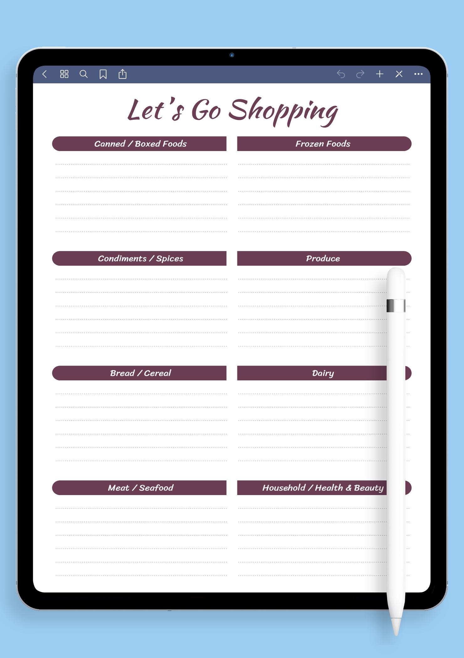 Download Printable Shopping list template PDF