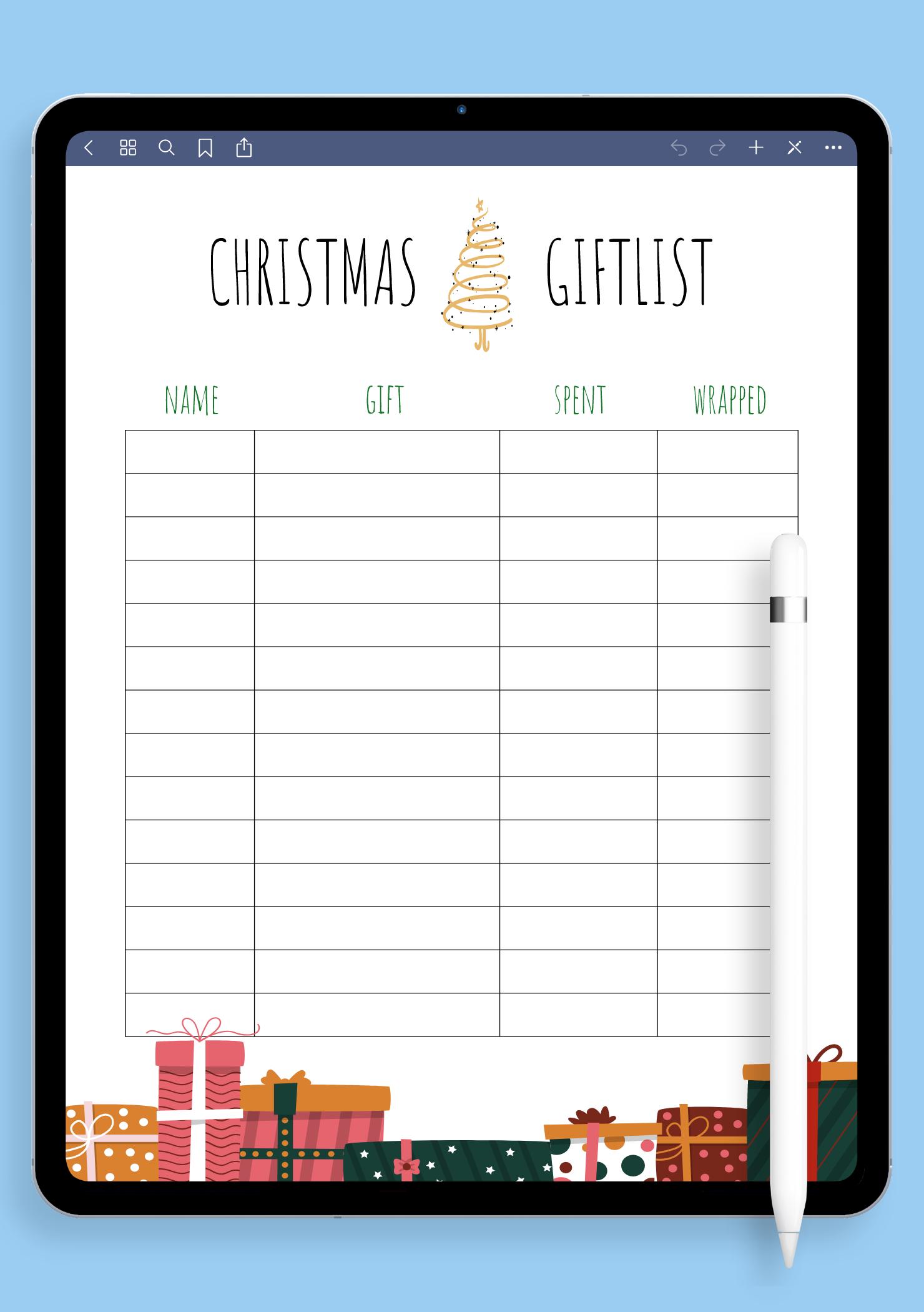 Download Printable Simple Bright Christmas Gift List PDF
