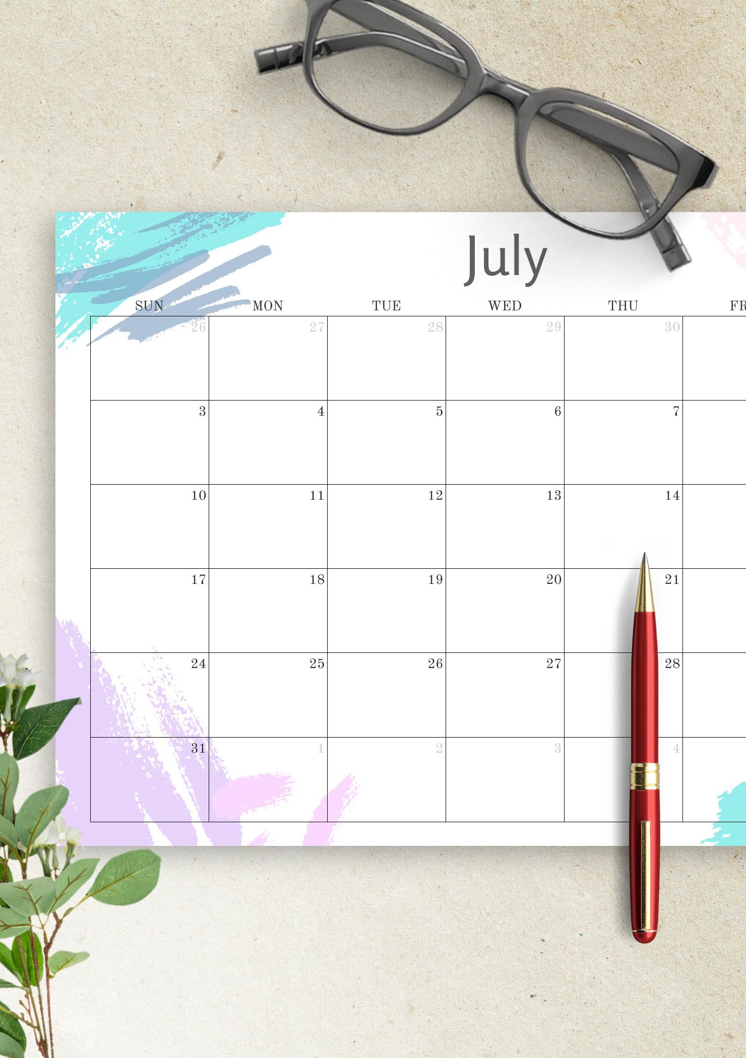 Download Printable Simple Colored Monthly Calendar PDF