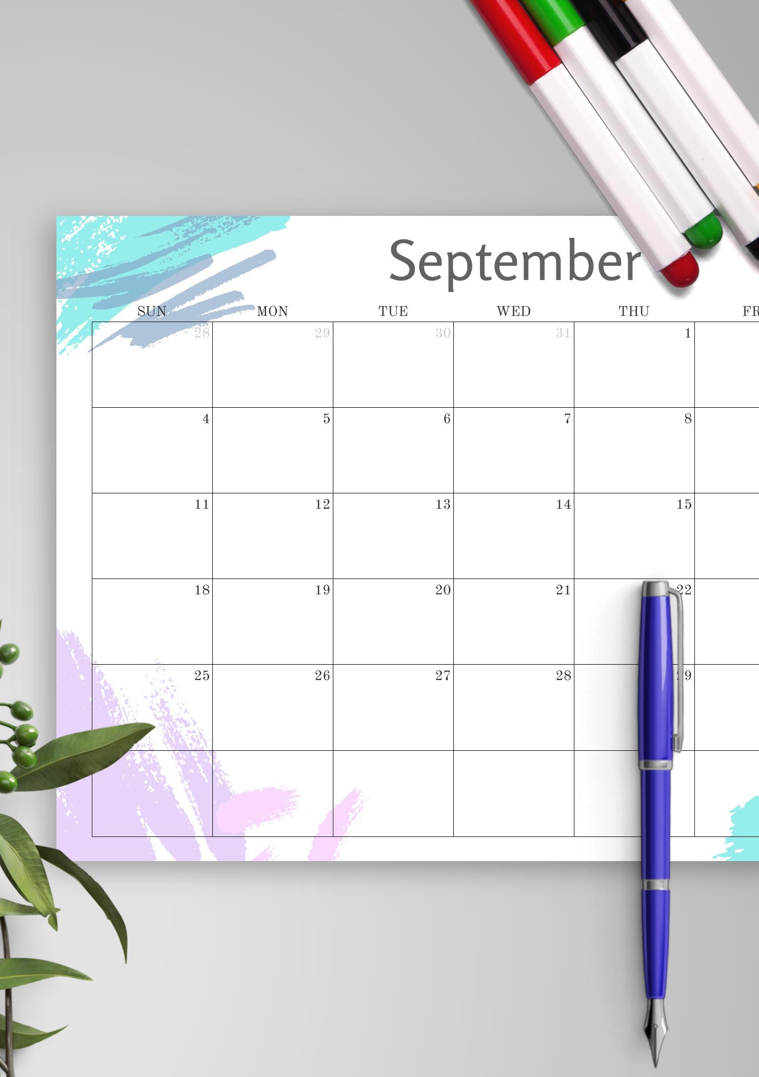 Download Printable Simple Colored Monthly Calendar PDF