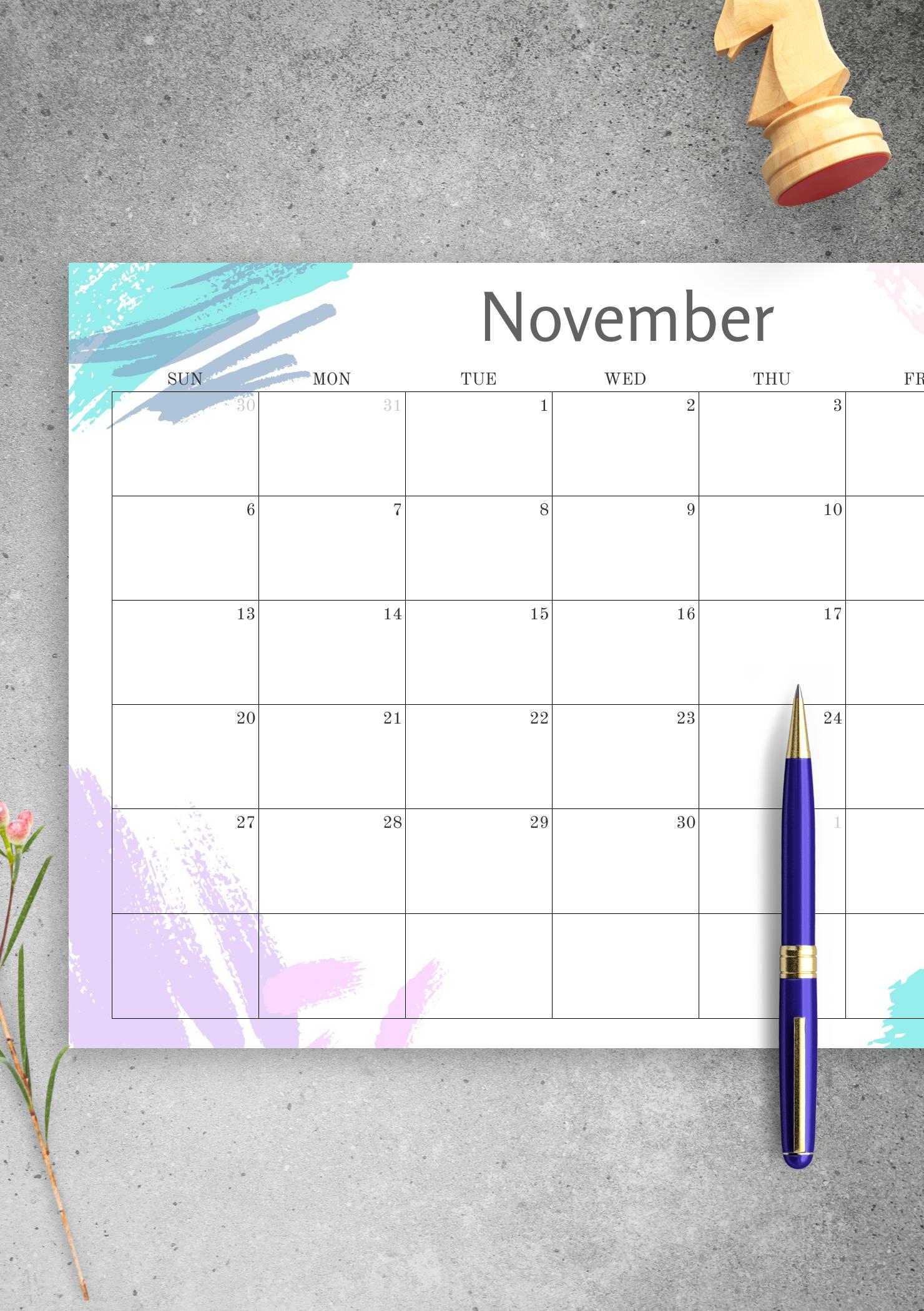 Download Printable Simple Colored Monthly Calendar PDF