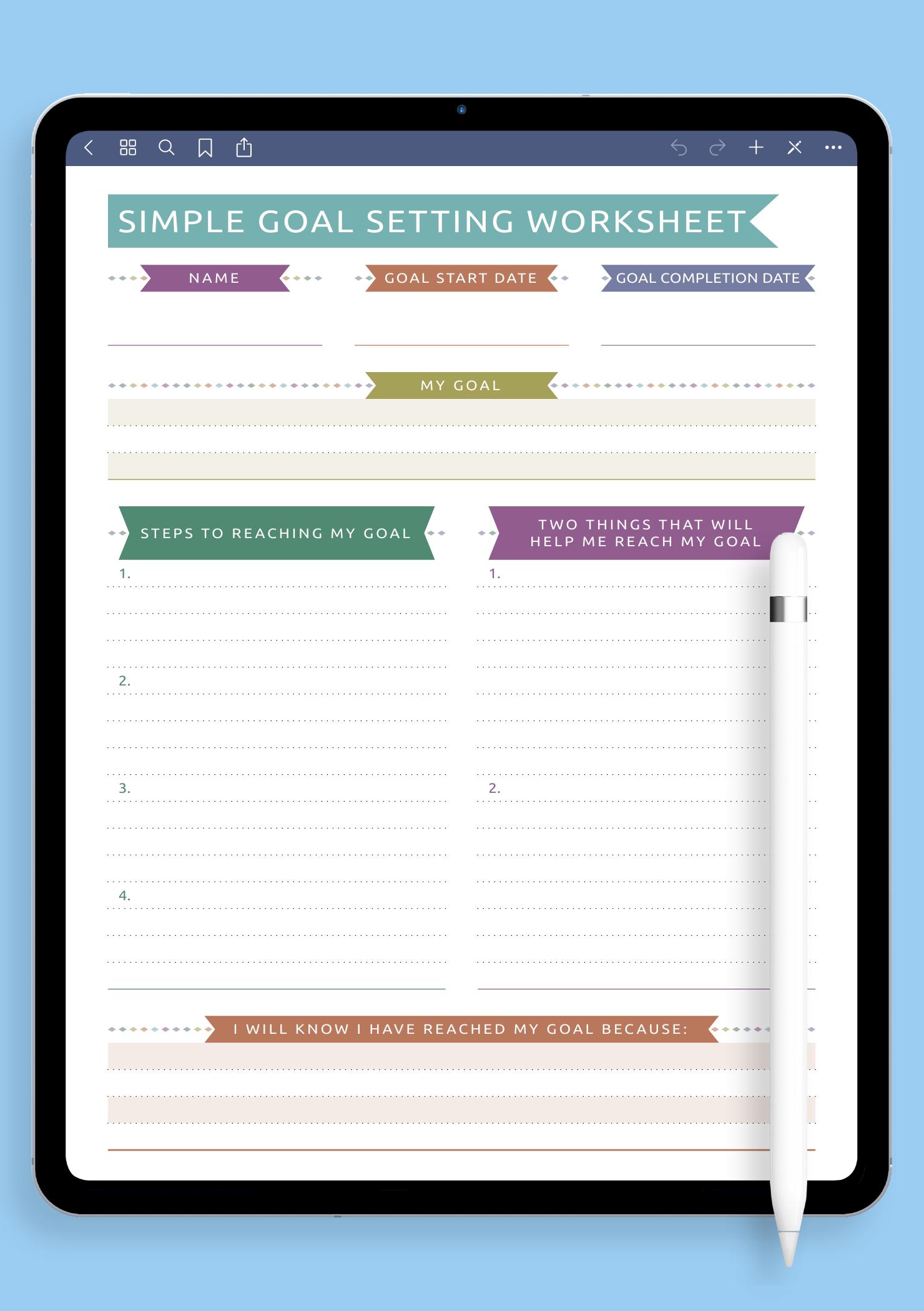 Download Printable Simple Goal Setting Worksheet - Casual Style PDF