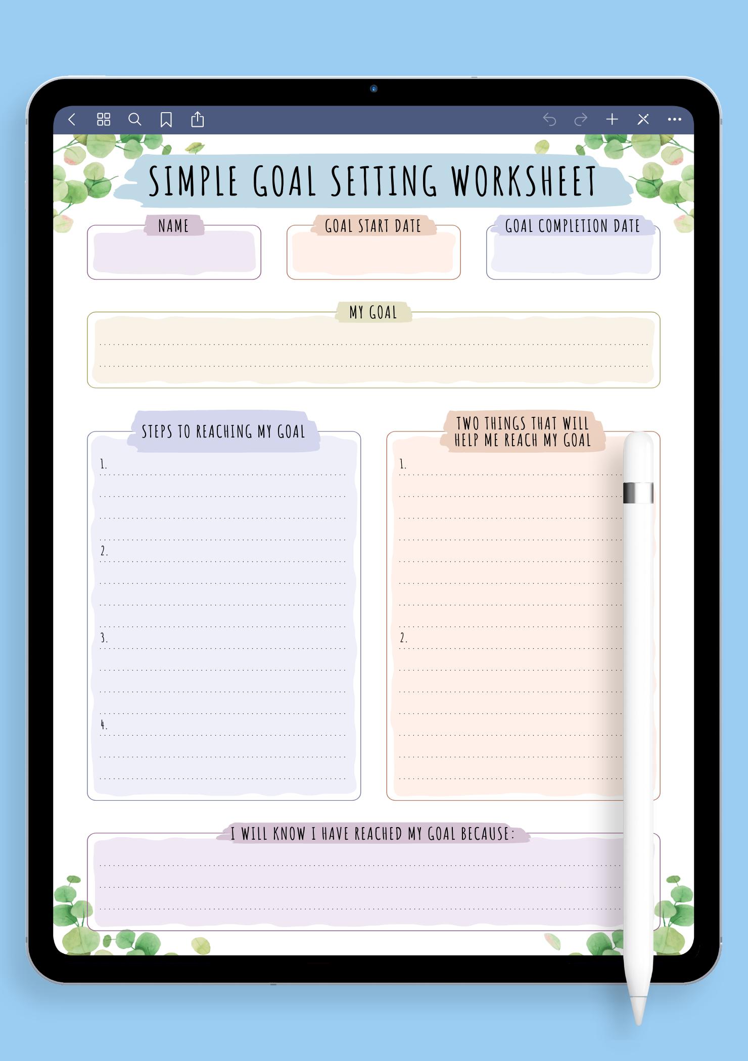 Download Printable Simple Goal Setting Worksheet - Floral Style PDF