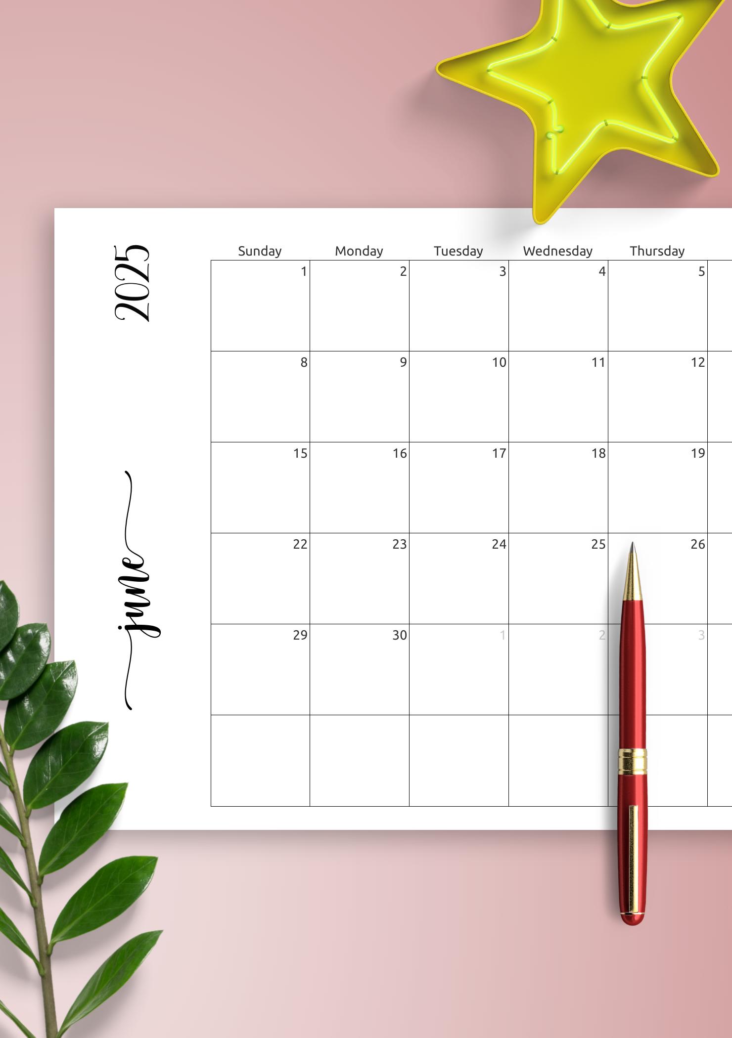 Download Printable Simple Monthly Calendar Horizontal PDF